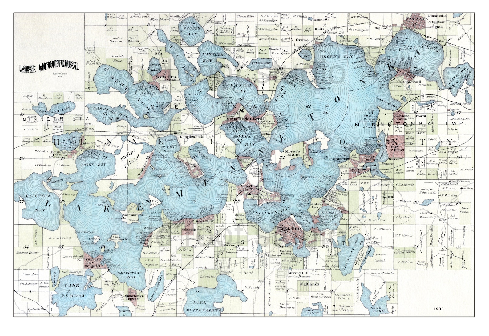 Hand Painted Map of Lake Minnetonka, 1903 / Vintage Minnetonka Map ...
