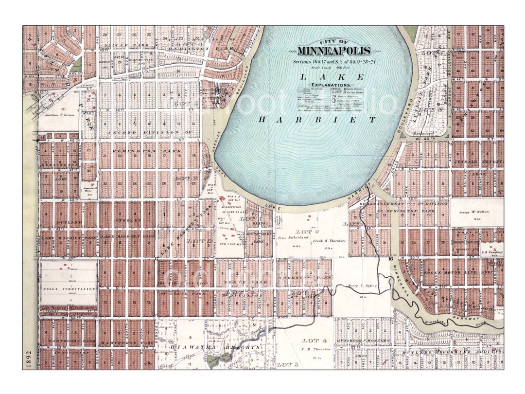 Hand Painted Map of Minneapolis, Lake Harriet, 1892 / Lynnhurst ...