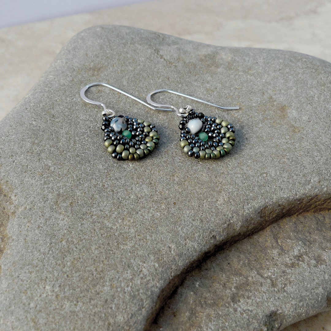 Earrings With White Agate, Snowflake Jade and Black Spinel Gemstones ...