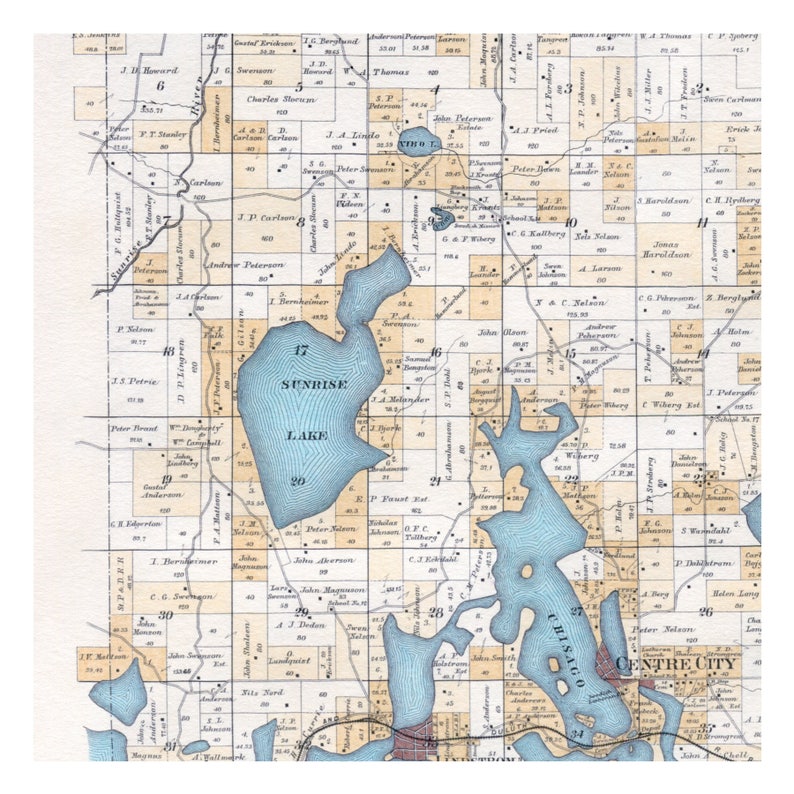 Hand Painted Map of Chisago Lakes Minnesota, 1888 / Vintage Chisago Map ...