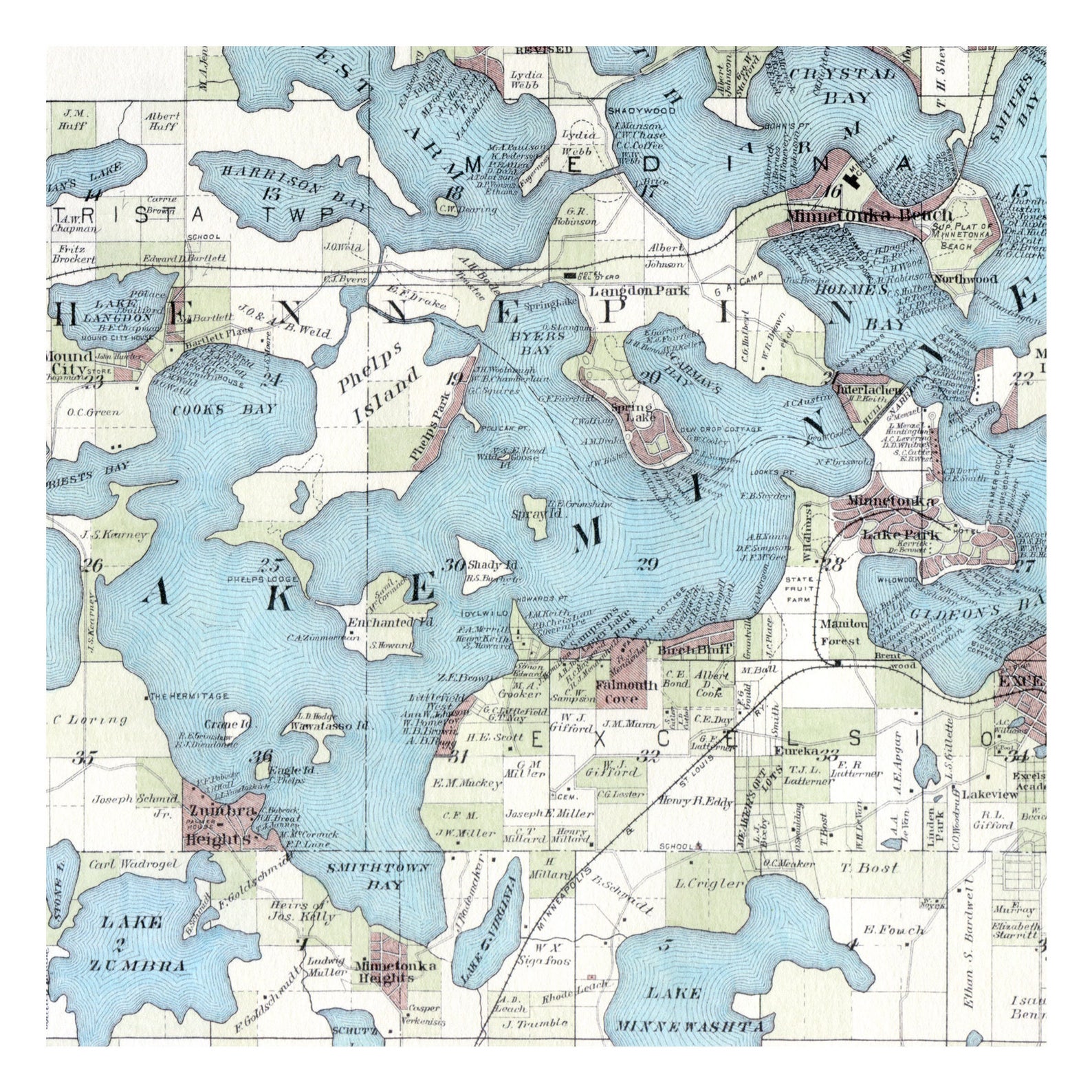 Hand Painted Map of Lake Minnetonka, 1903 / Vintage Minnetonka Map ...