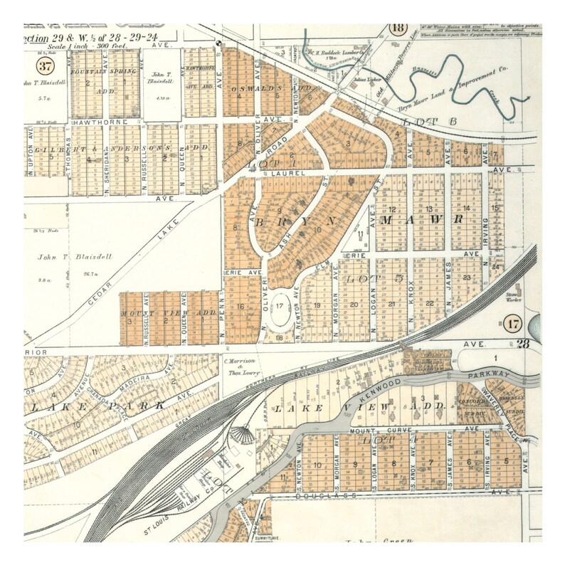 Hand Painted Map of Minneapolis 1892 / Cedar Lake / Bryn Mawr - Etsy