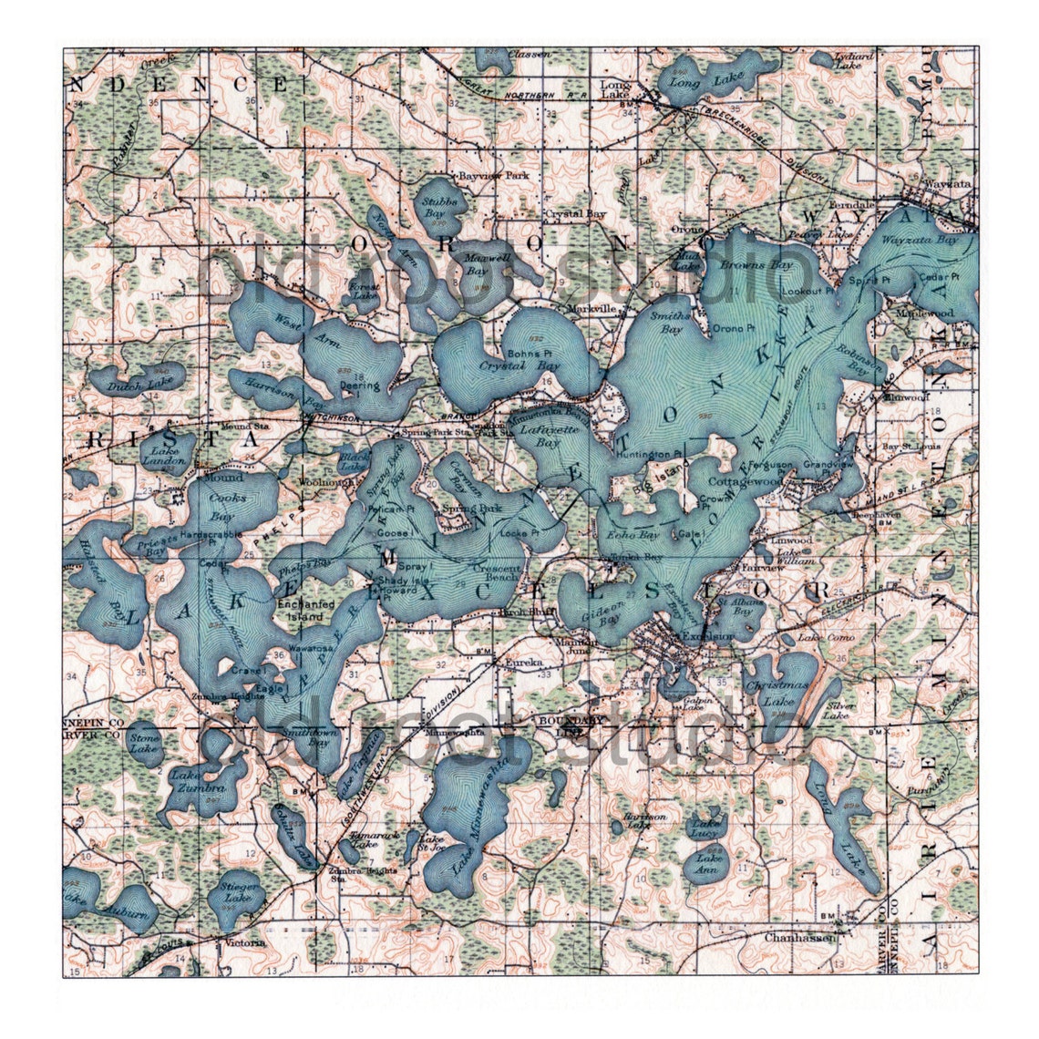 Hand Painted Map of Lake Minnetonka, Minnesota, 1905 / Retro Lake ...