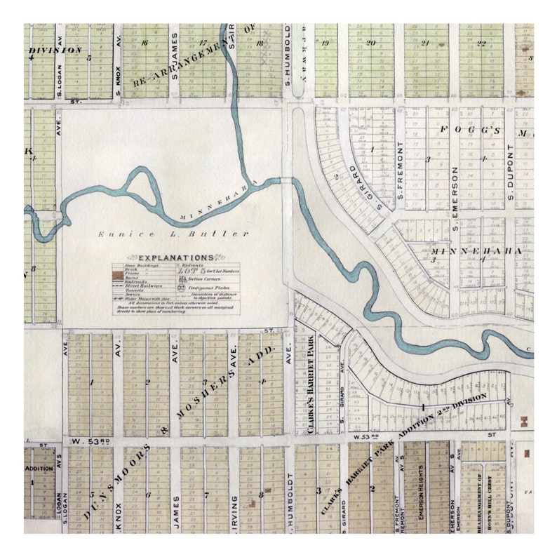 Hand Painted Map of South Minneapolis, Lake Harriet, Minnehaha Creek ...