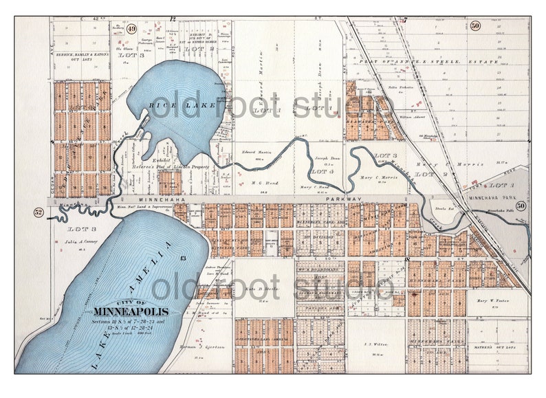 Hand Painted Map of Minneapolis, 1892 / Lake Nokomis / Lake Hiawatha ...