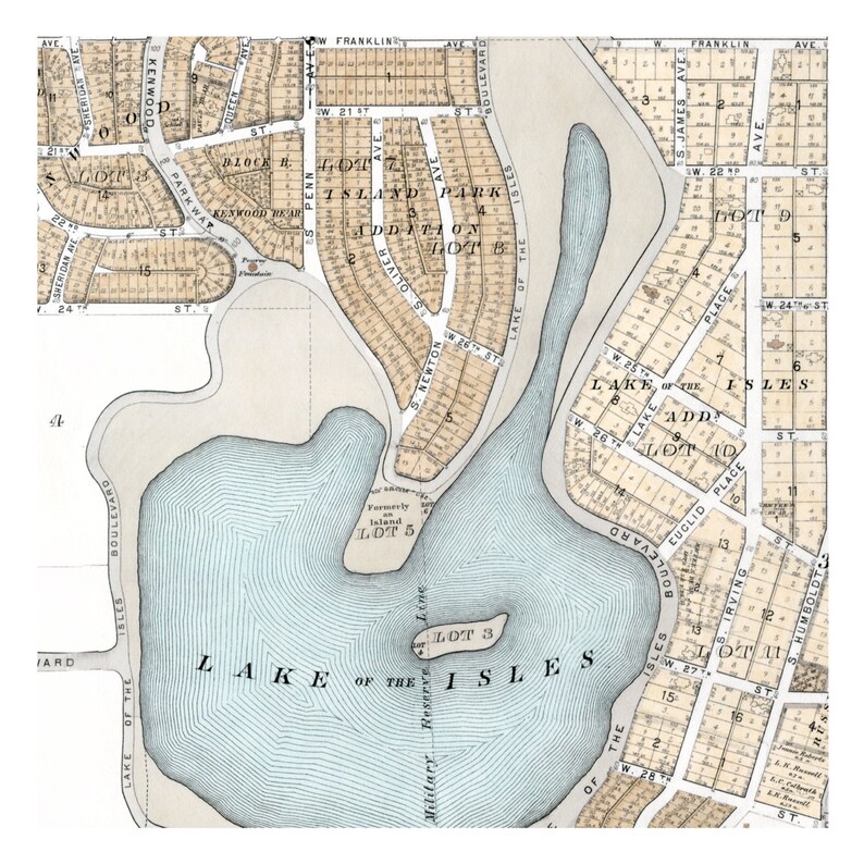 Hand Painted Map of Minneapolis, 1892 / Lake Calhoun / Cedar Lake ...