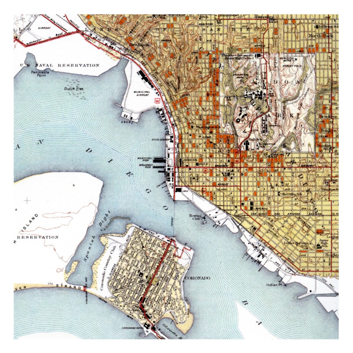 Hand Painted Map of San Diego, California, 1942 / Retro San Diego Map ...