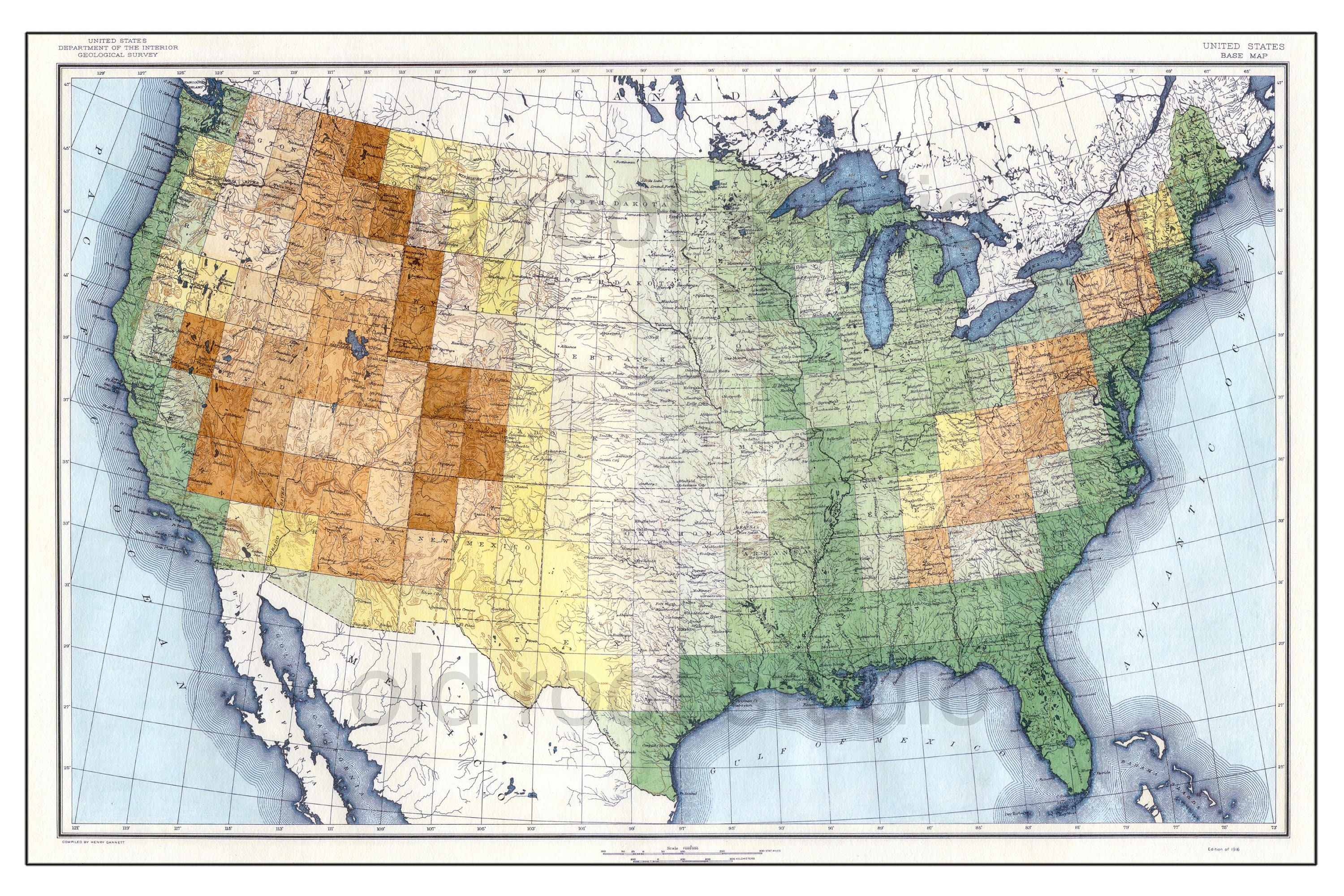 Hand Painted Topographical Map of the USA, US Geological Survey, 1916 ...
