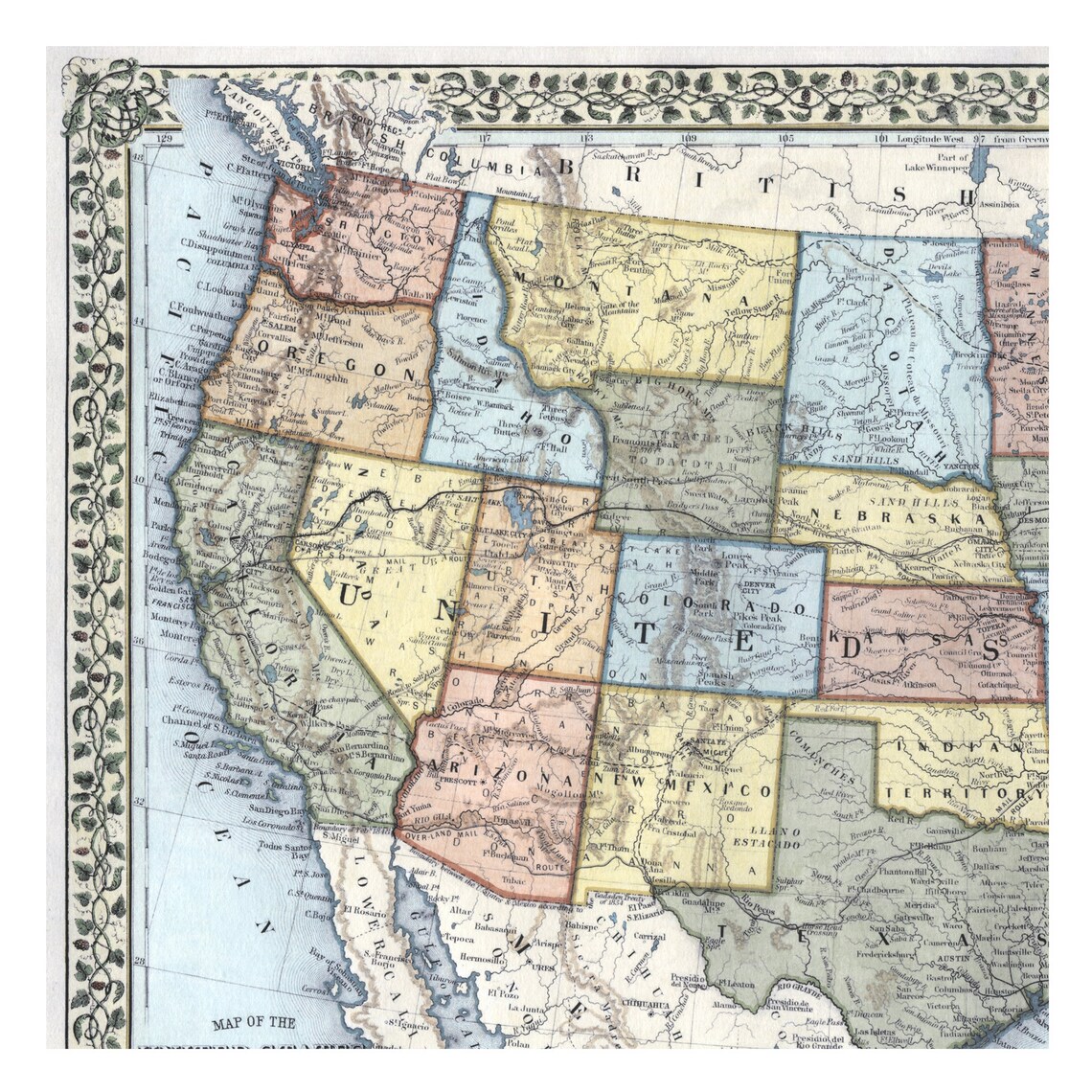 Hand Painted Map of the USA, 1867. Vintage United States Map, Antique ...