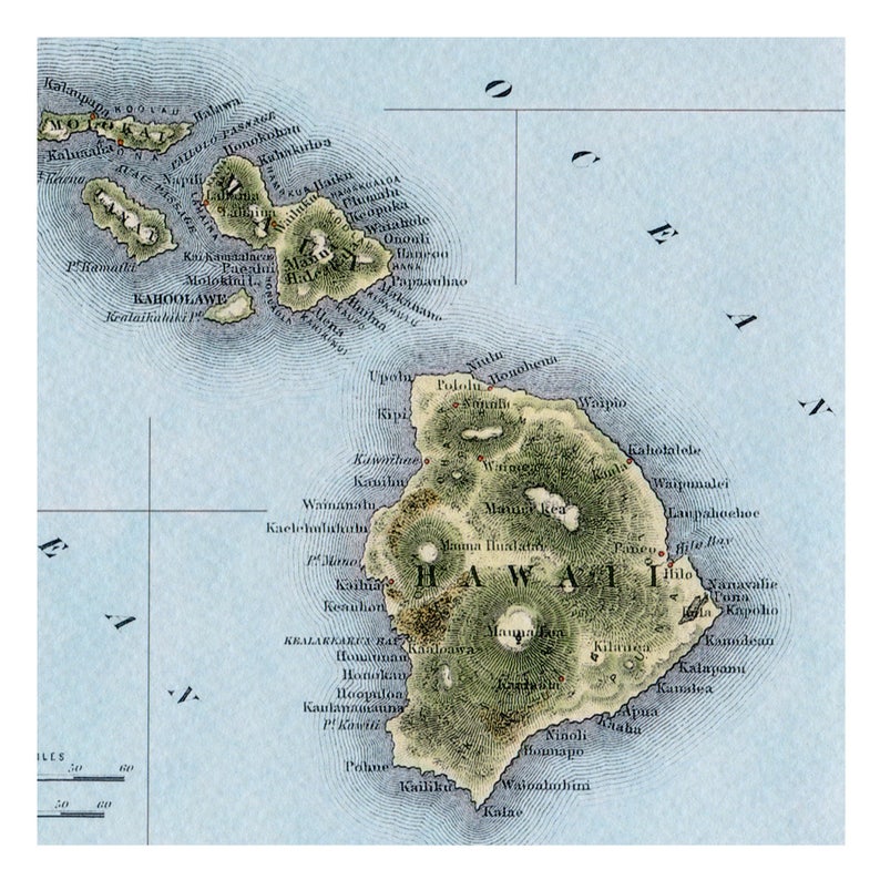 Hand Painted Map of Hawaii, C Late 1800s / Vintage Hawaii Map / Old Map ...