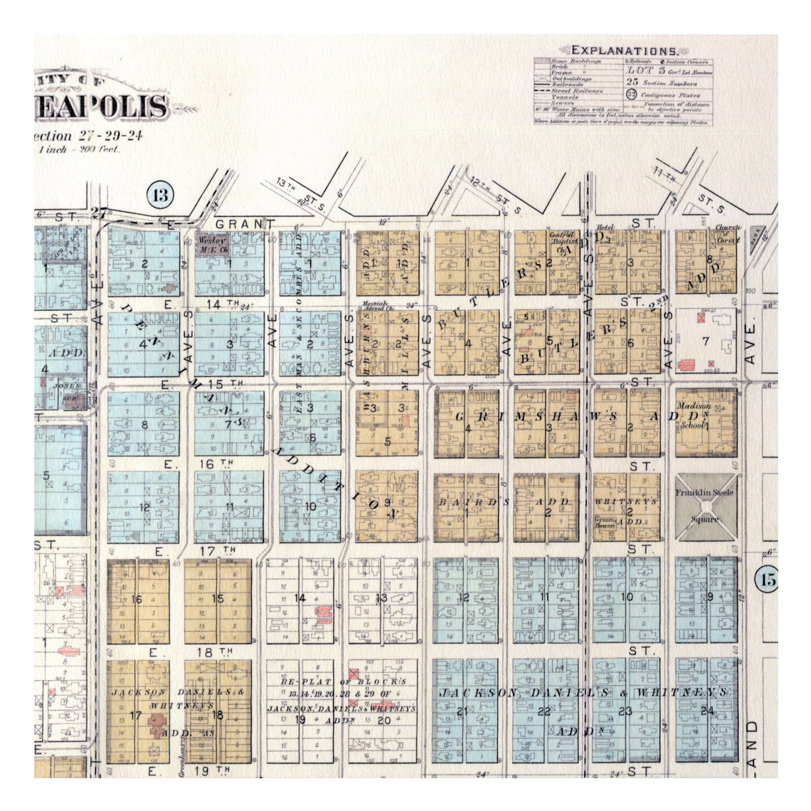 Hand Painted Map of Minneapolis, 1892 / Loring Park / Nicollet ...