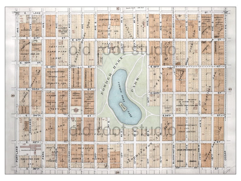 Hand Painted Map of Minneapolis, 1903 / Powderhorn Park & Lake ...