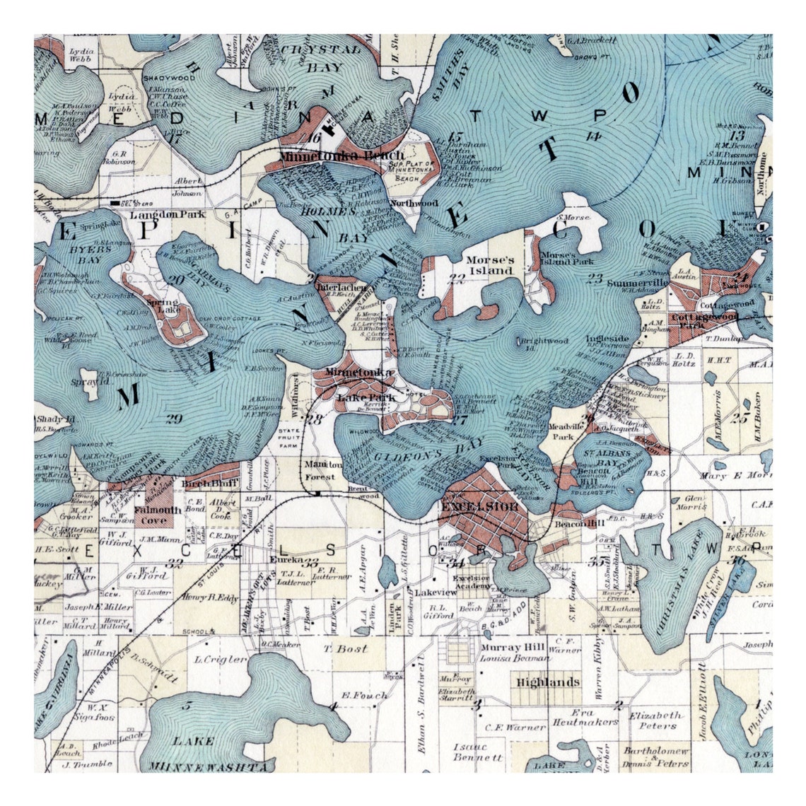Hand Painted Map of Lake Minnetonka, 1903 / Vintage Minnetonka Map ...