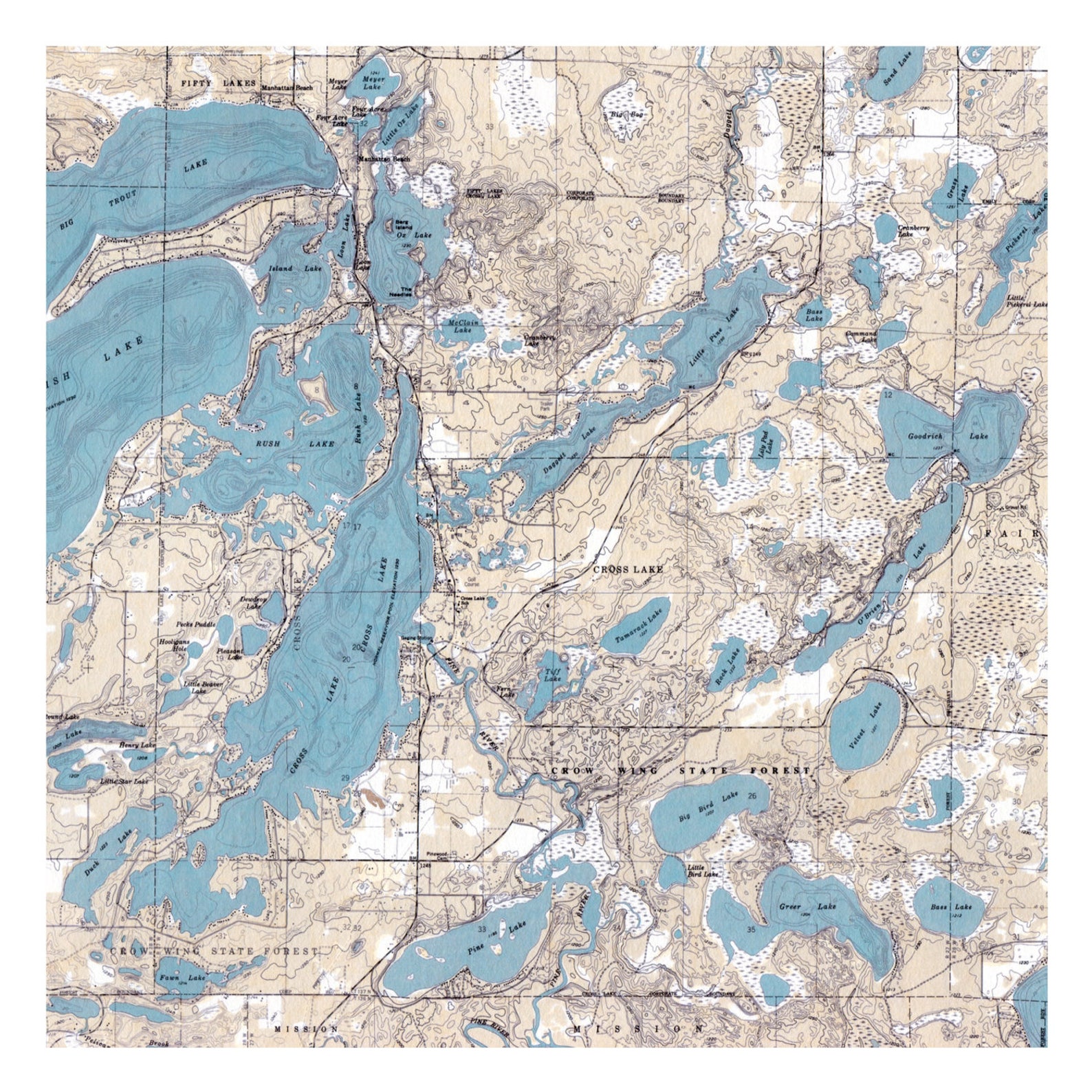 Hand Painted Map of the Whitefish Chain of Lakes, Minnesota 1959 / Old ...