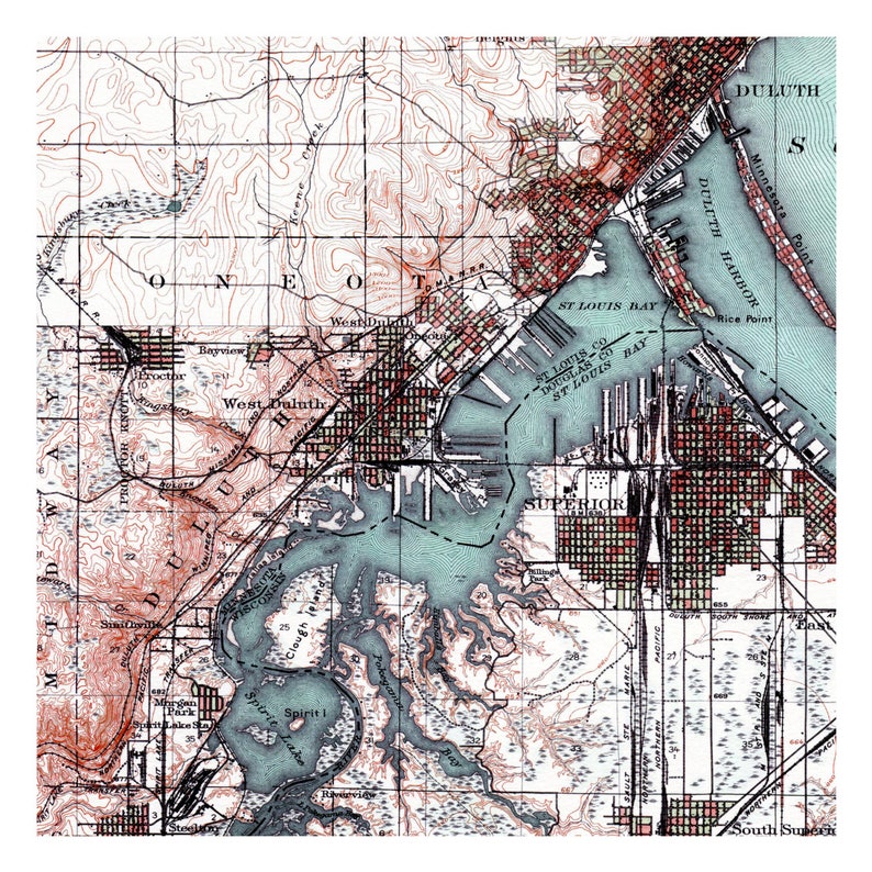 Hand Painted Map of Duluth, Minnesota and Superior, Wisconsin, 1895 ...