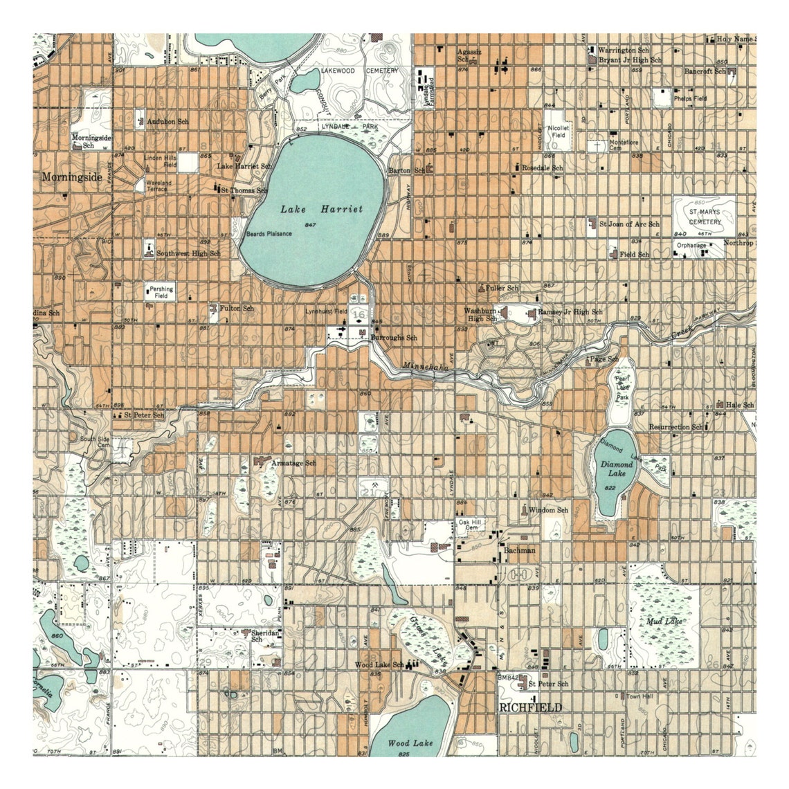 Hand Painted Map of South Minneapolis, 1952 / Vintage Minneapolis Map ...