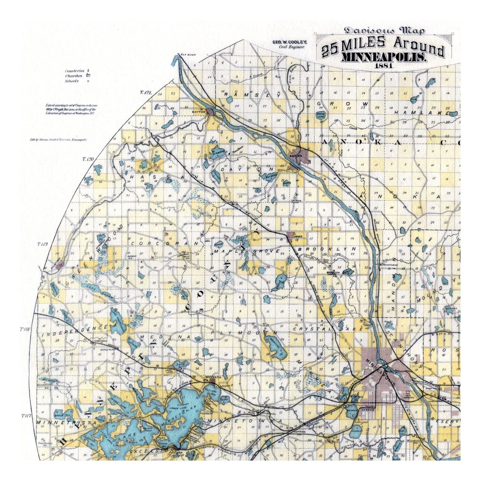 Hand Painted Map of Minneapolis, St Paul and Vicinity, 1881 / Twin ...