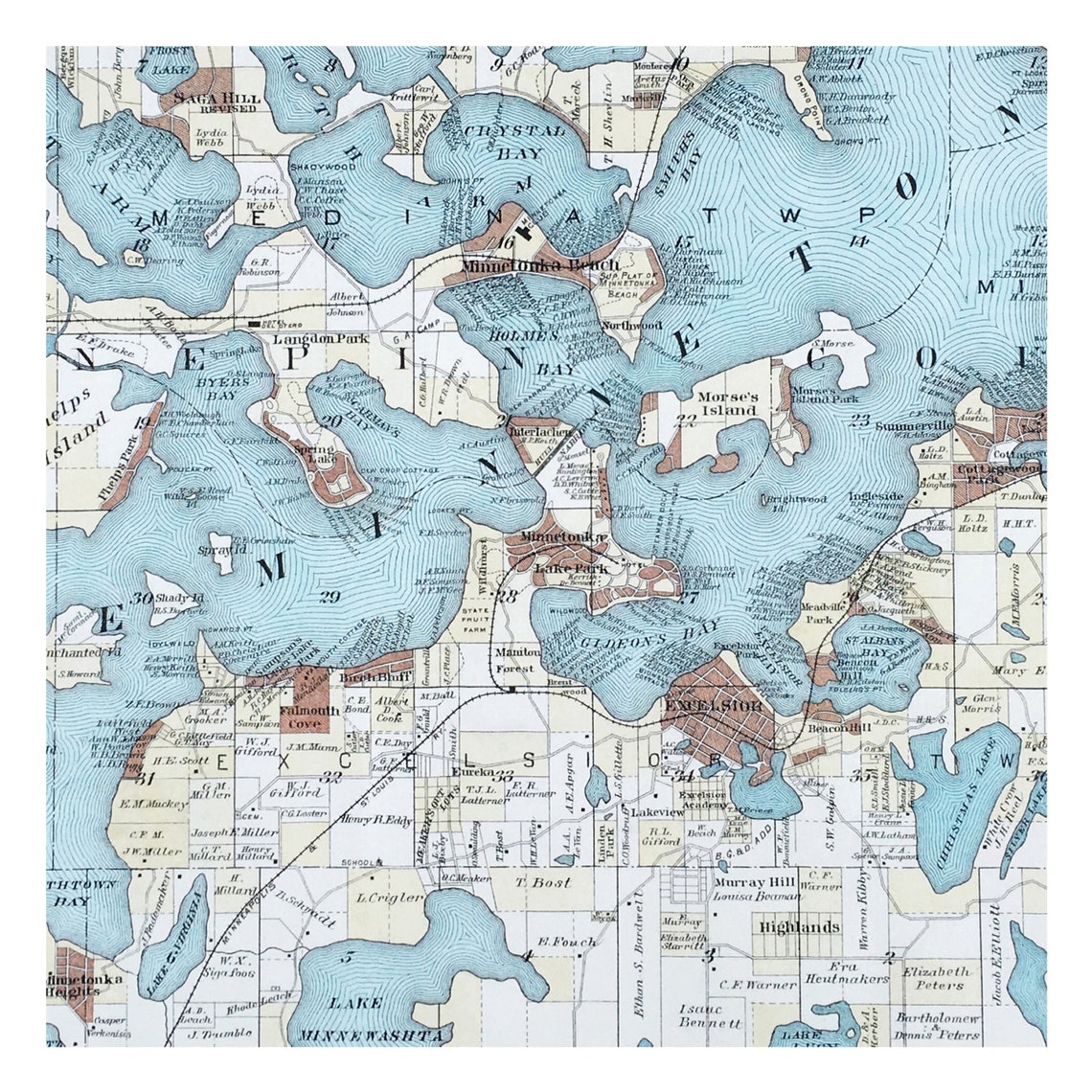 Hand Painted Map of Lake Minnetonka, 1903 / Vintage Minnetonka Map ...