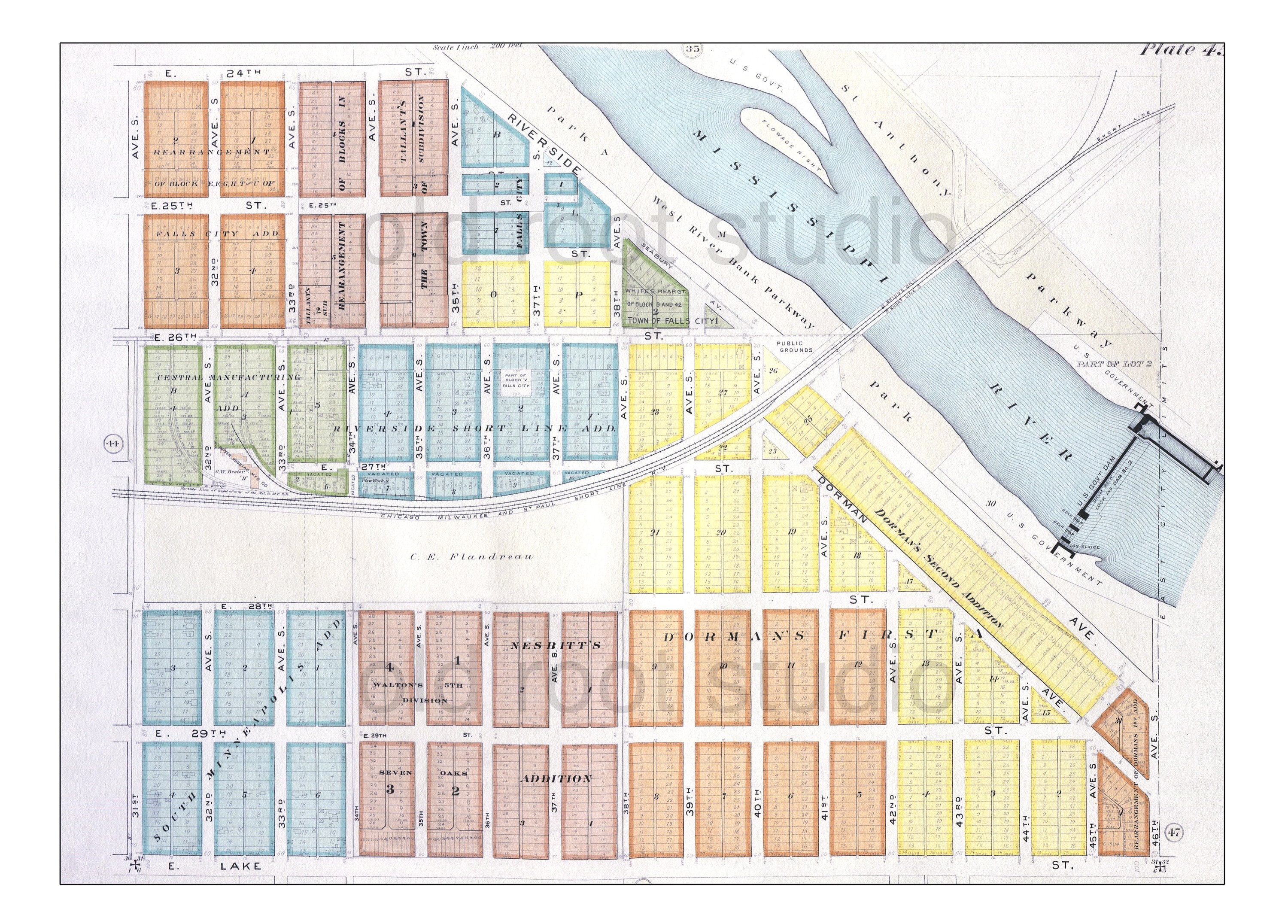 Hand Painted Map of Minneapolis, 1903 / Minnehaha Parkway, West River ...