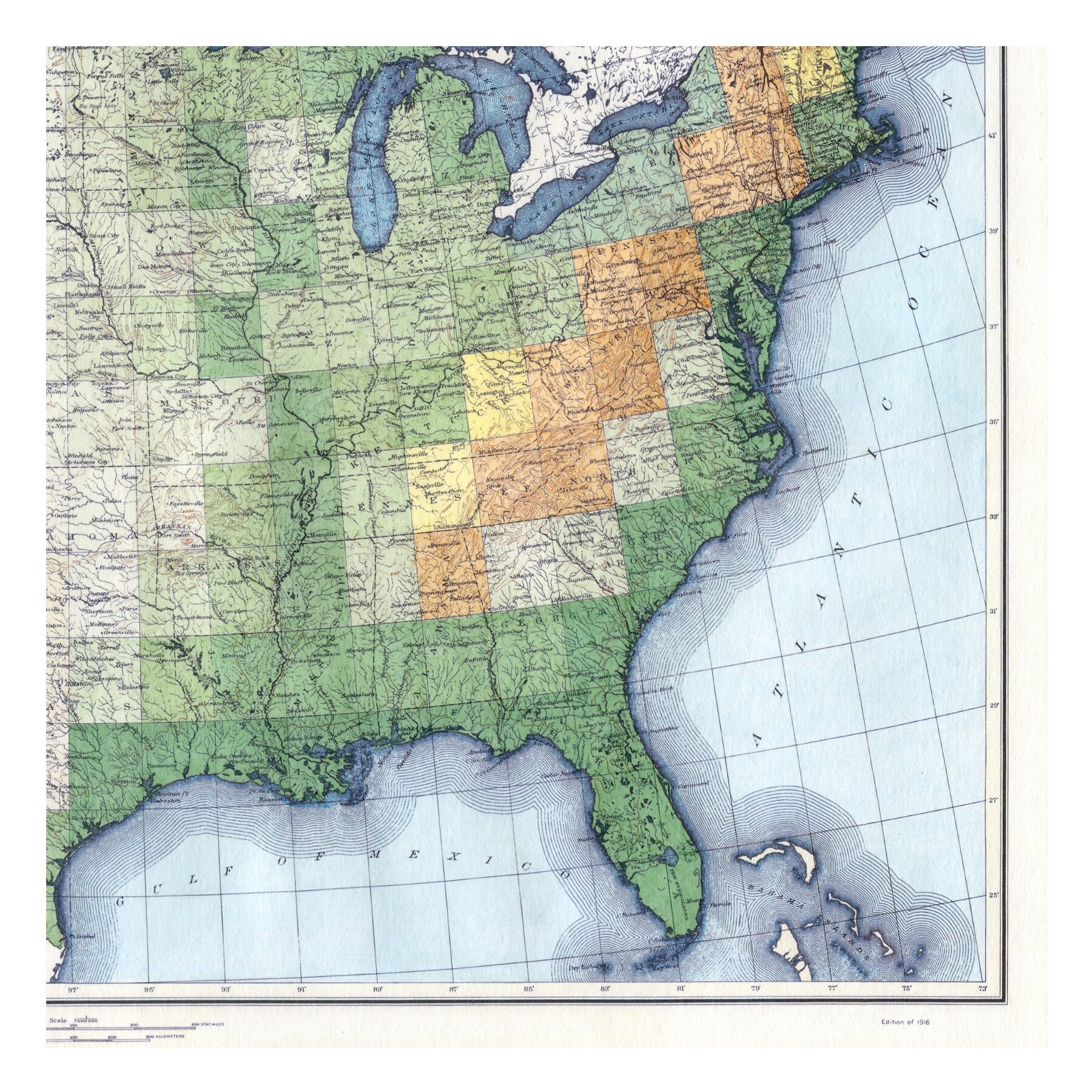 Hand Painted Topographical Map of the USA, US Geological Survey, 1916 ...