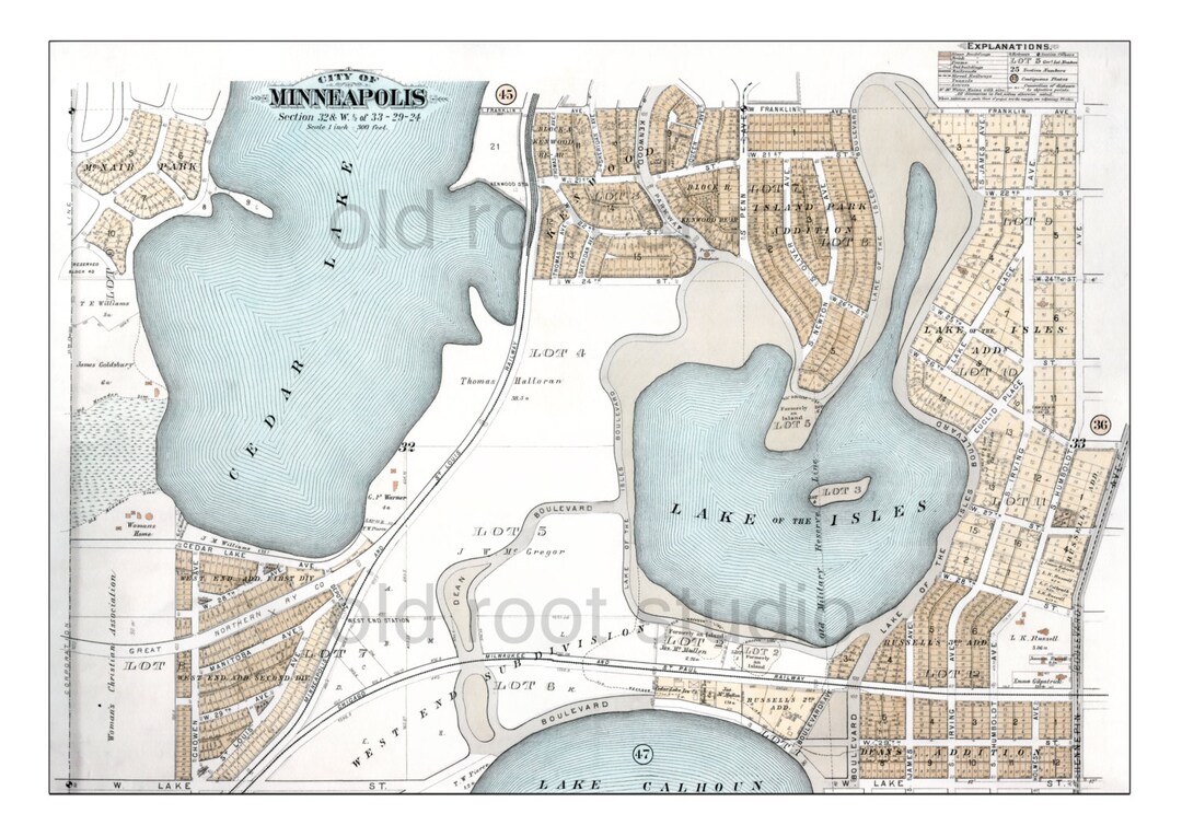 Hand Painted Map of Minneapolis, 1892 / Lake Calhoun / Cedar Lake ...