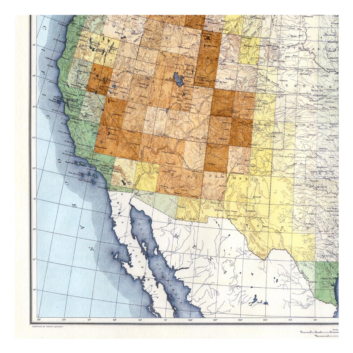 Hand Painted Topographical Map of the USA, US Geological Survey, 1916 ...