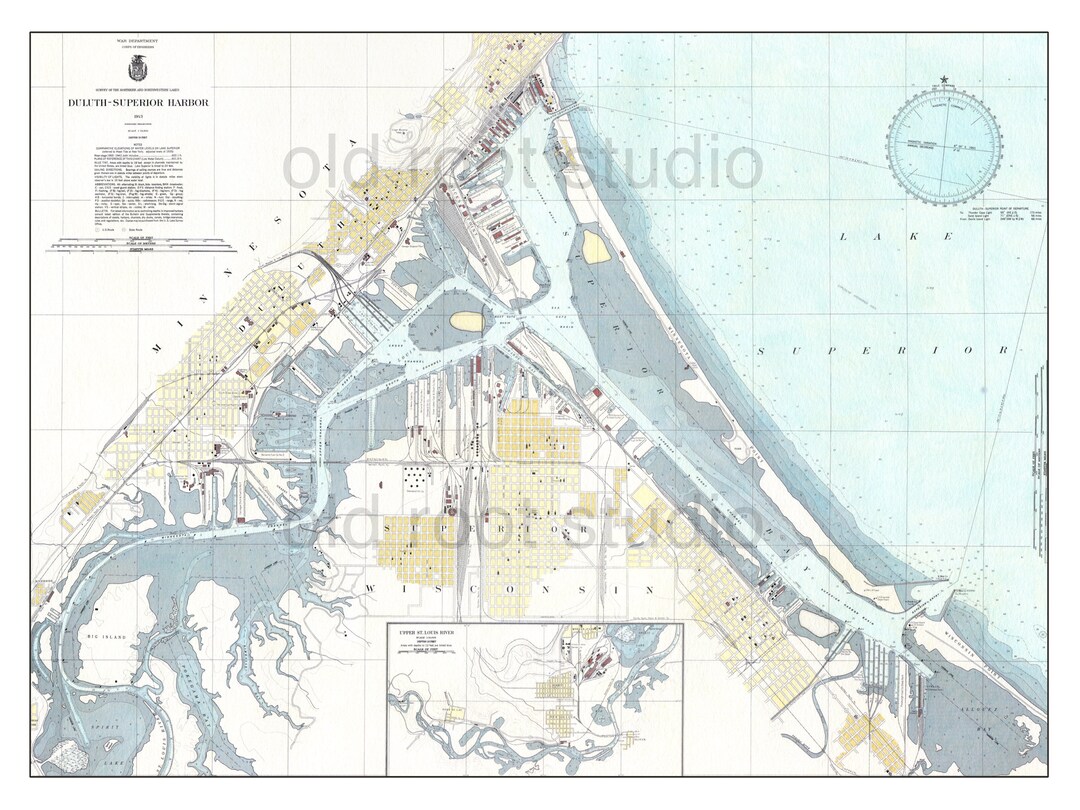 Hand Painted Map of the Duluth Superior Harbor, Minnesota, Wisconsin ...