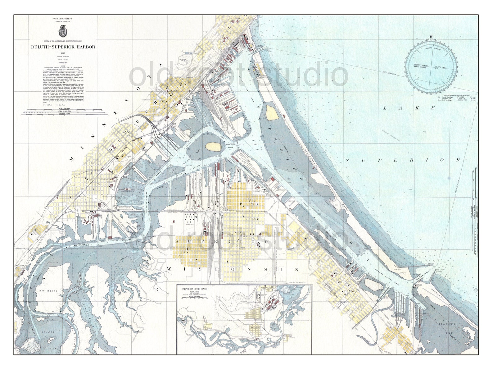 Hand Painted Map of the Duluth Superior Harbor, Minnesota, Wisconsin ...