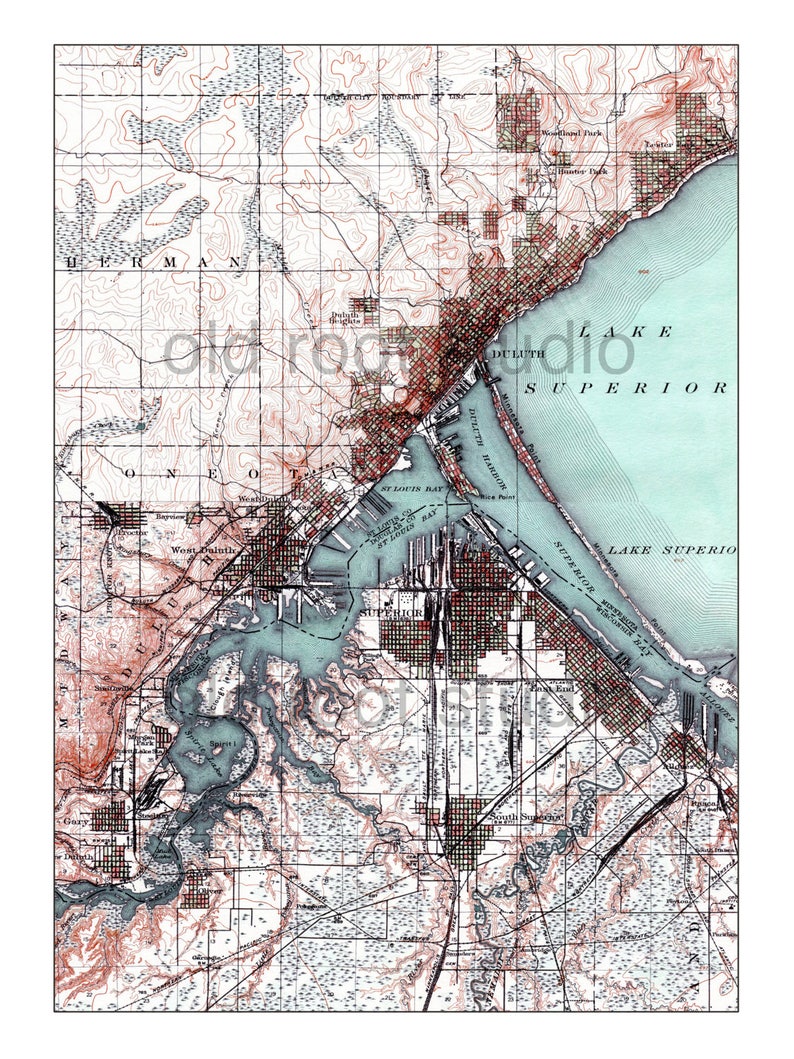 Hand Painted Map of Duluth, Minnesota and Superior, Wisconsin, 1895 ...