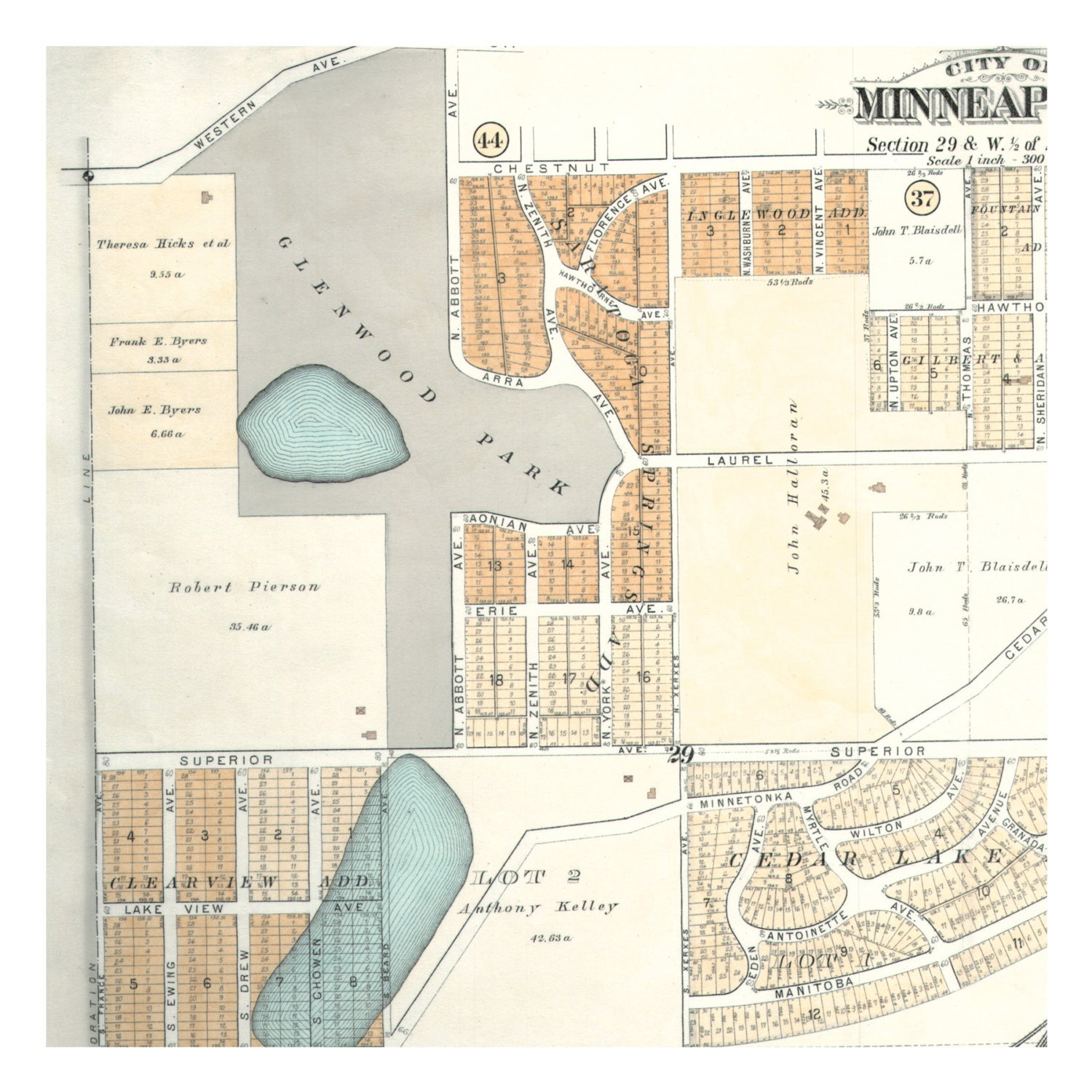 Hand Painted Map of Minneapolis 1892 / Cedar Lake / Bryn Mawr - Etsy