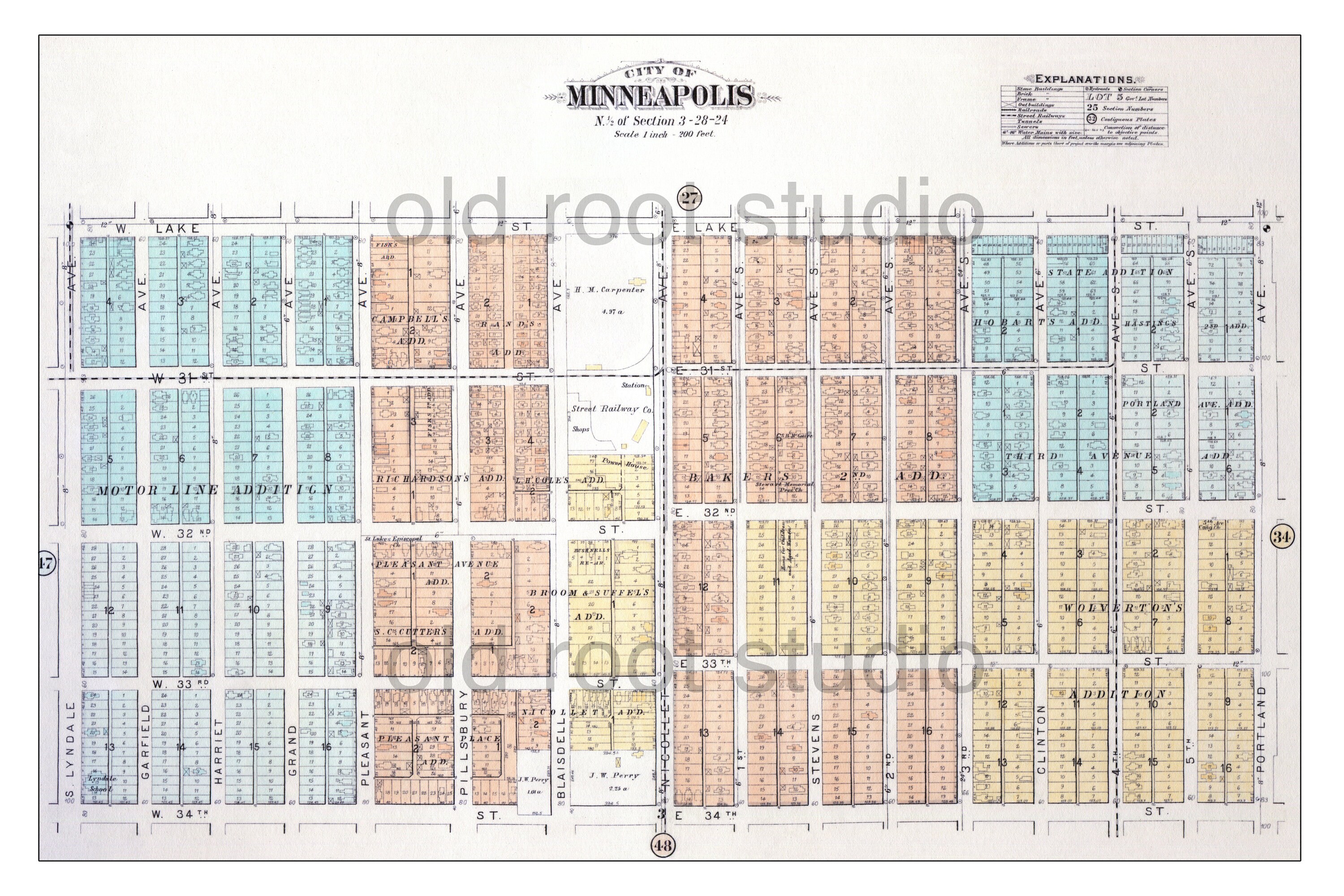 Hand Painted Map of Minneapolis, 1892 / Lyndale / Lake Street ...