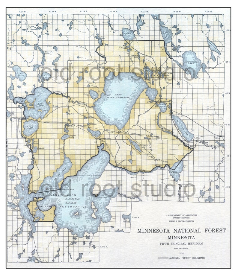 This is a Hand Painted Map of the Chippewa National Forest Including Lake Winnebigoshish, Leech ...