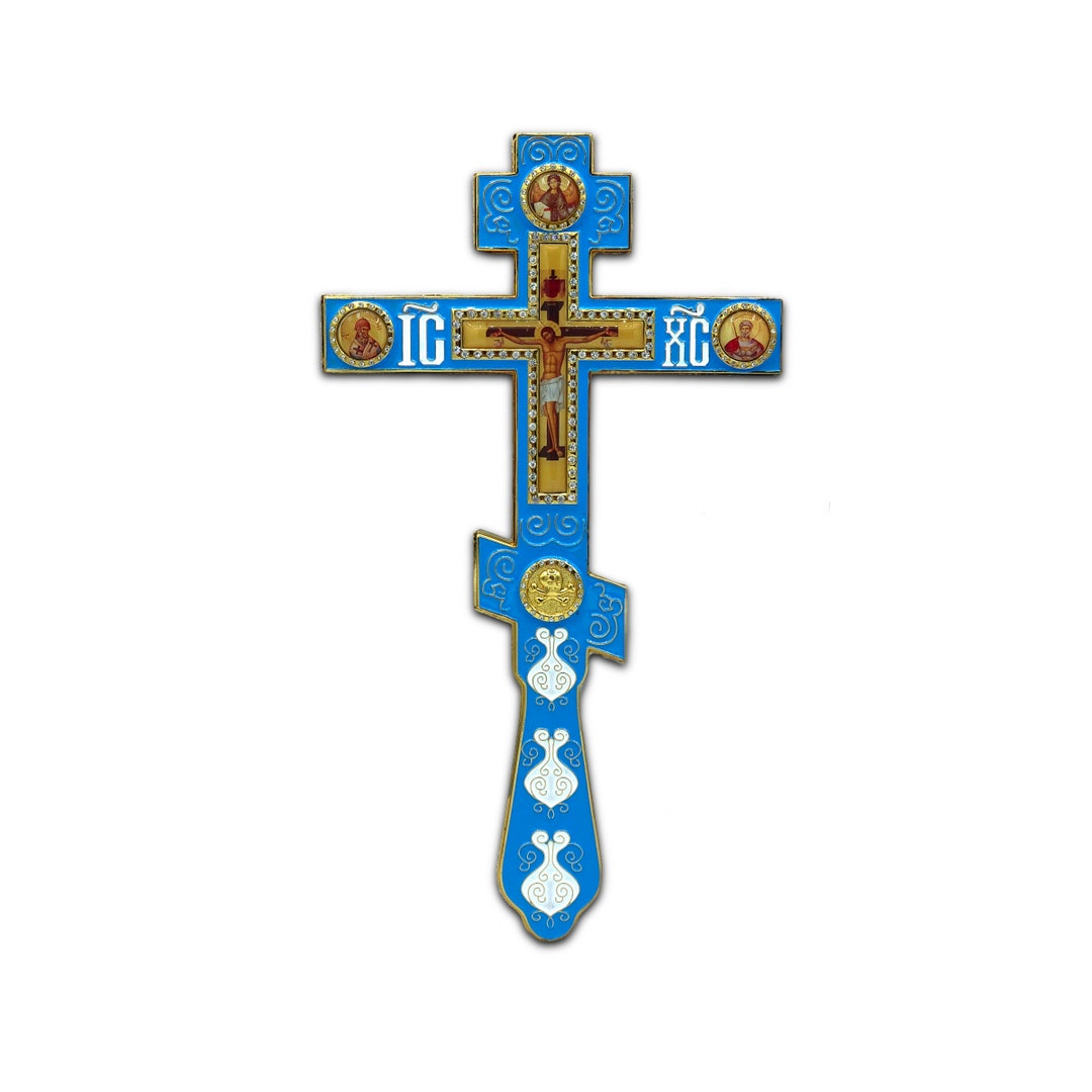 Altar / Blessing Russian Orthodox 3 Bar Cross, Light Blue Enamel and ...