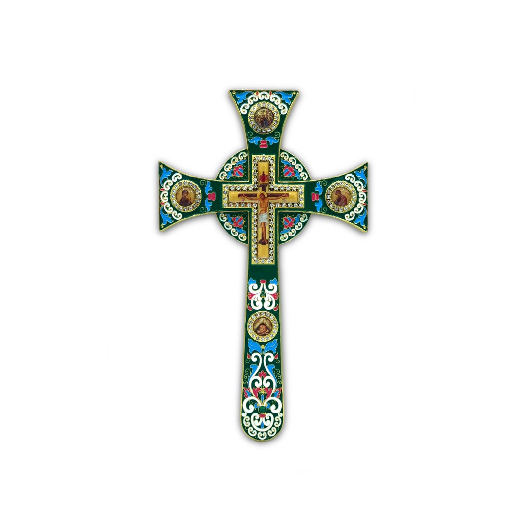 Russian Orthodox Altar / Blessing Cross, Celtic Green Enamel and Gold ...