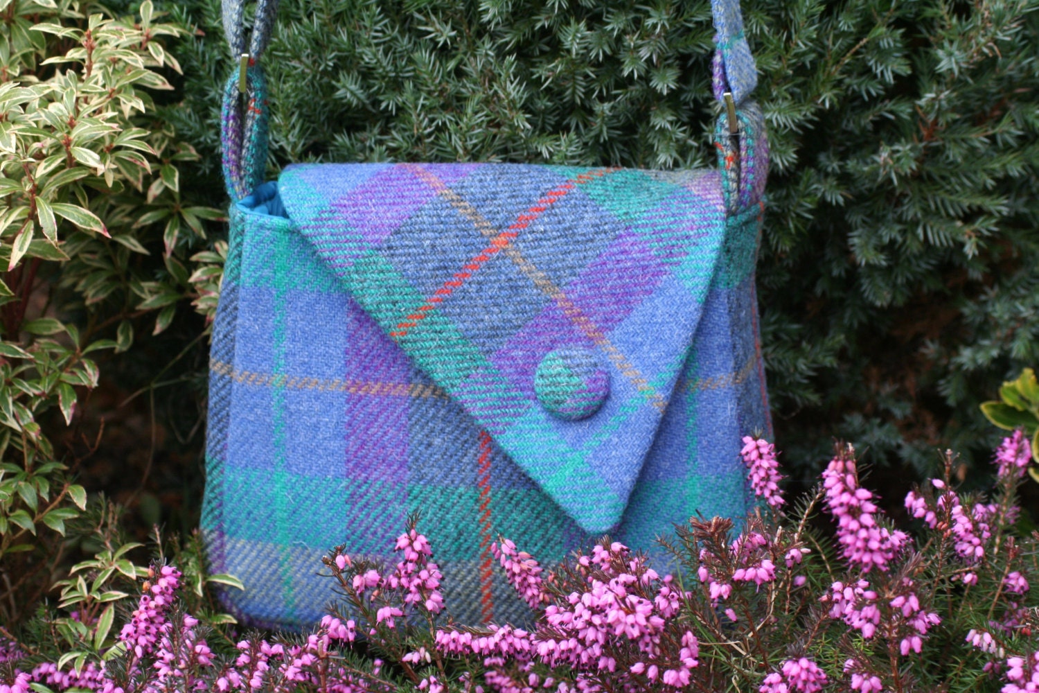 Scottish Harris Tweed® Asymmetric Handbag in Purple & Green Check ...
