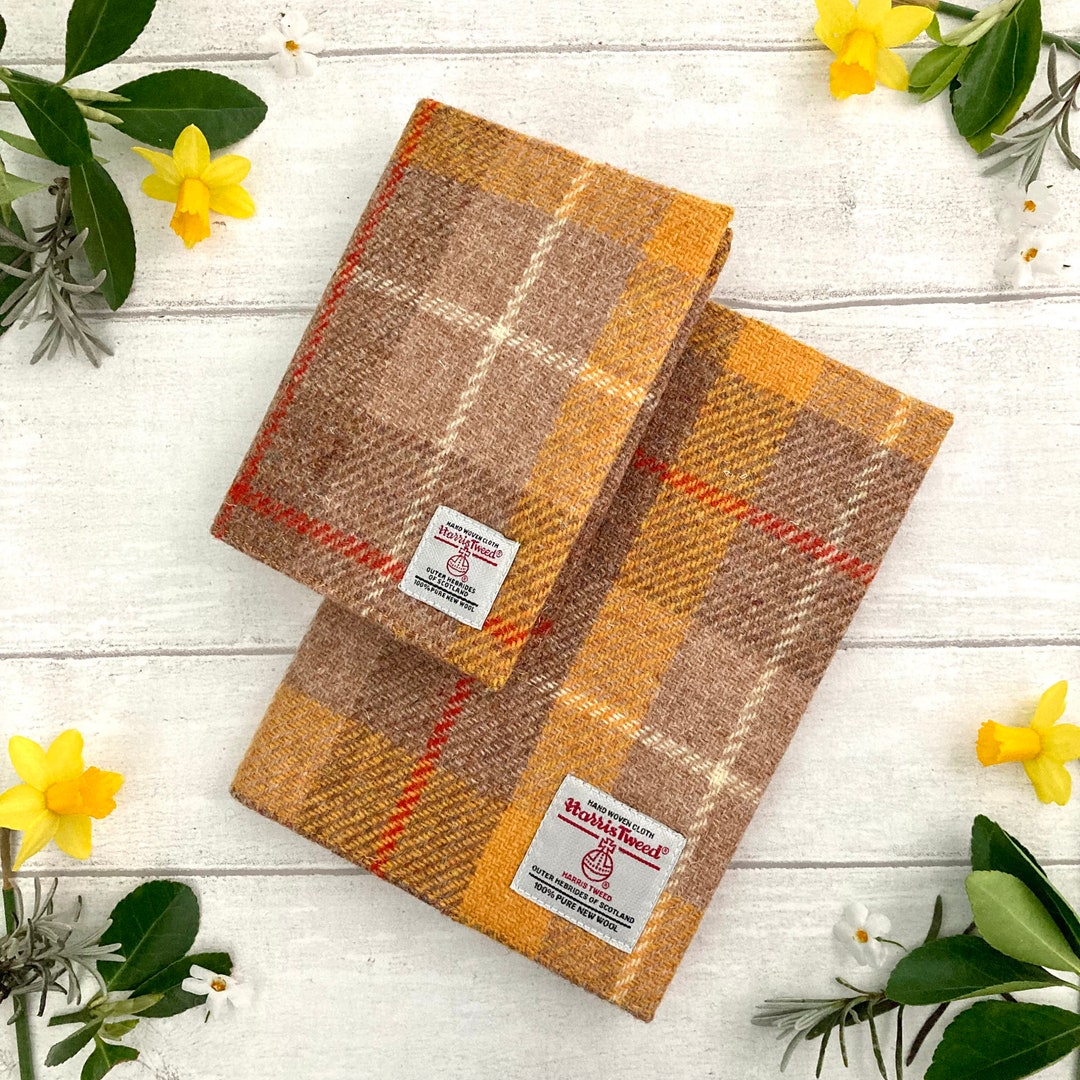 Harris Tweed® A5 Book Cover: Gold Beige Plaid Tartan Notebook Sleeve ...