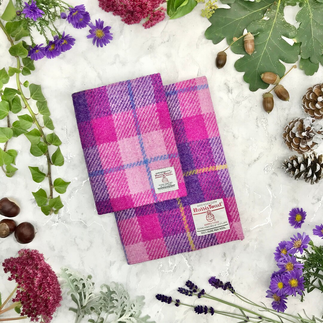 Harris Tweed® A5 Book Cover: Pink Purple Plaid Tartan Notebook Sleeve ...