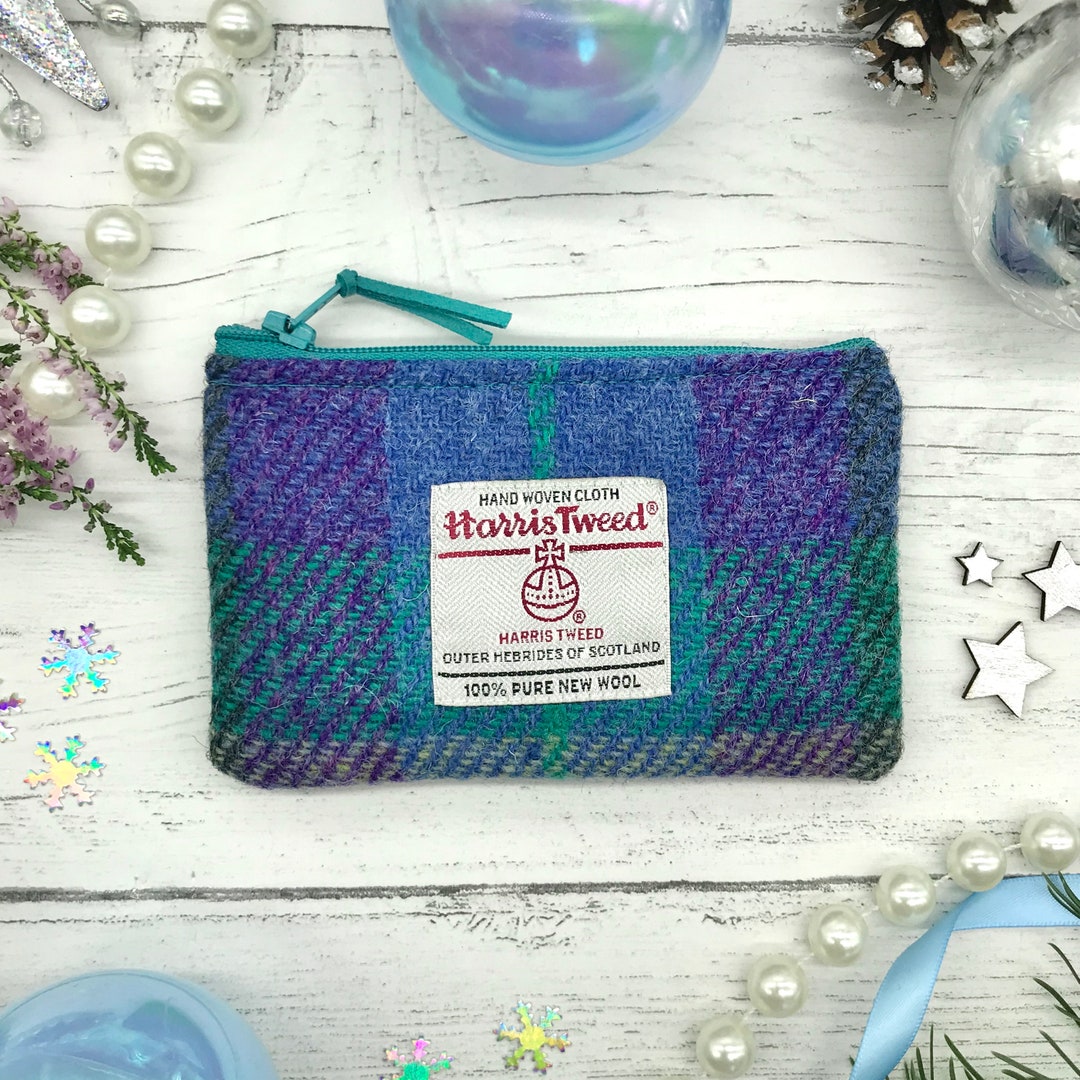 Harris Tweed® Coin Purse: Purple & Green Check, Scottish Wool Zipper ...