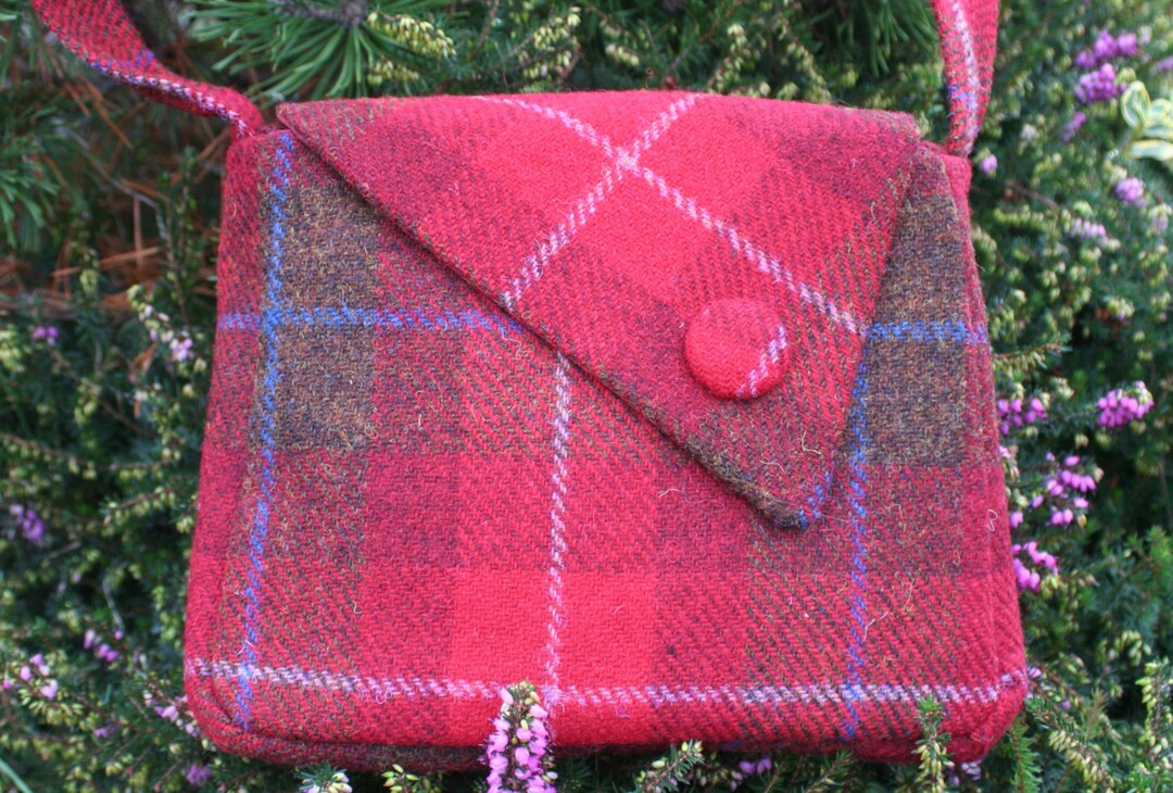 Harris Tweed® Handbag: Red & Brown Check, Asymmetric Flap, Adjustable ...