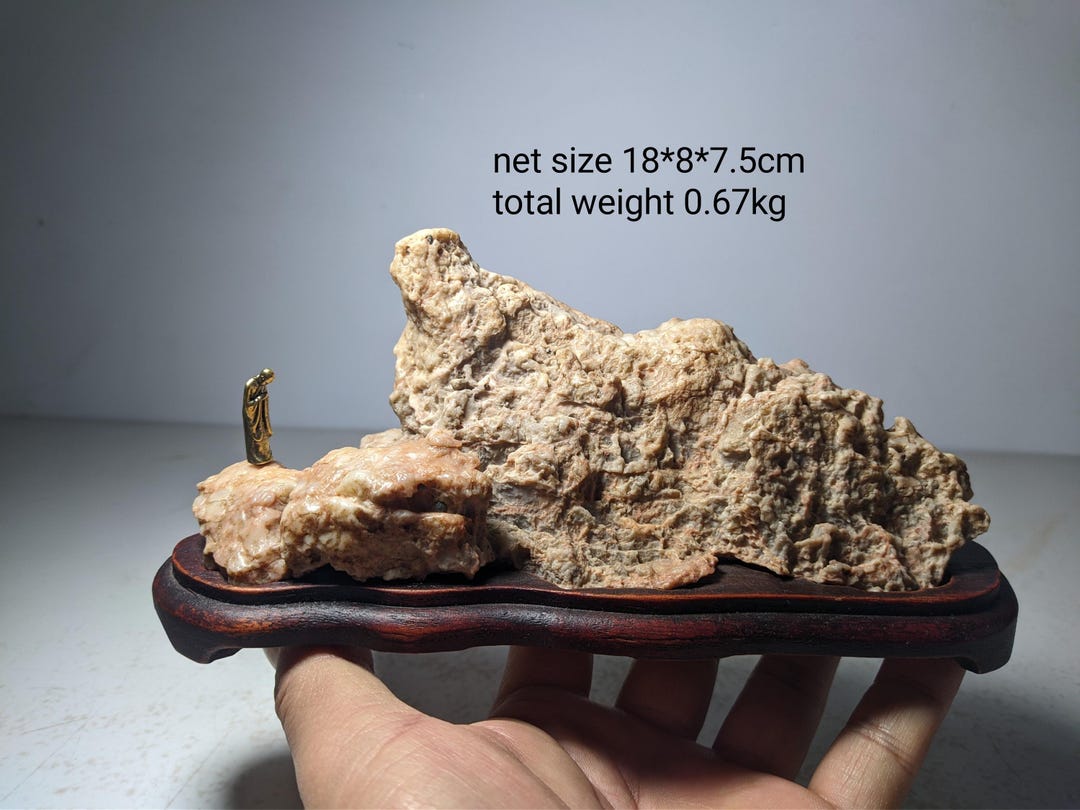 Natural Gobi Stone Scholar's Stone With Mini Buddha Figurine, Rosewood ...