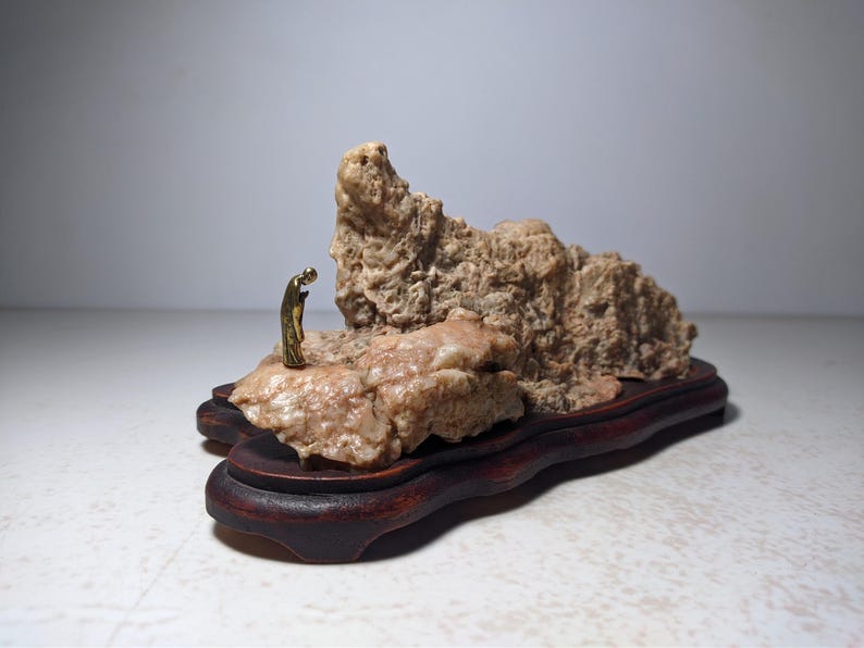 Natural Gobi Stone Scholar's Stone With Mini Buddha Figurine, Rosewood ...