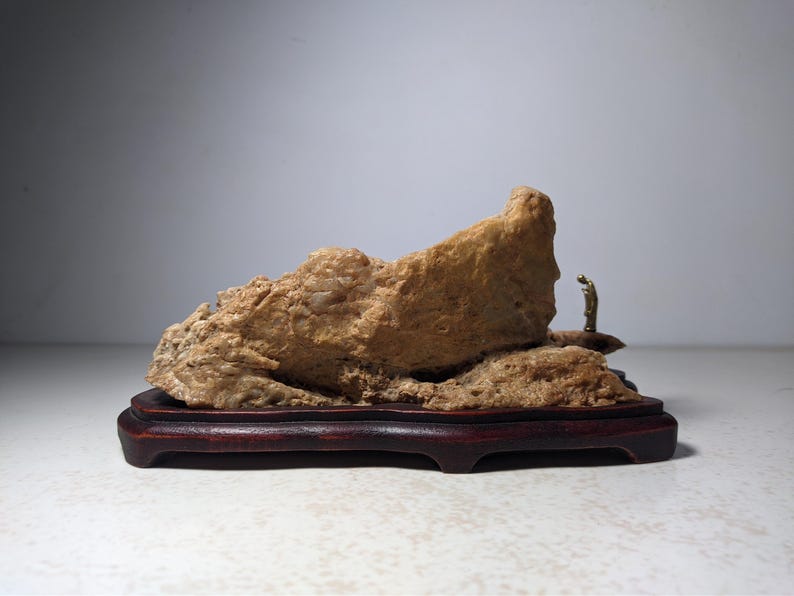 Natural Gobi Stone Scholar's Stone With Mini Buddha Figurine, Rosewood ...