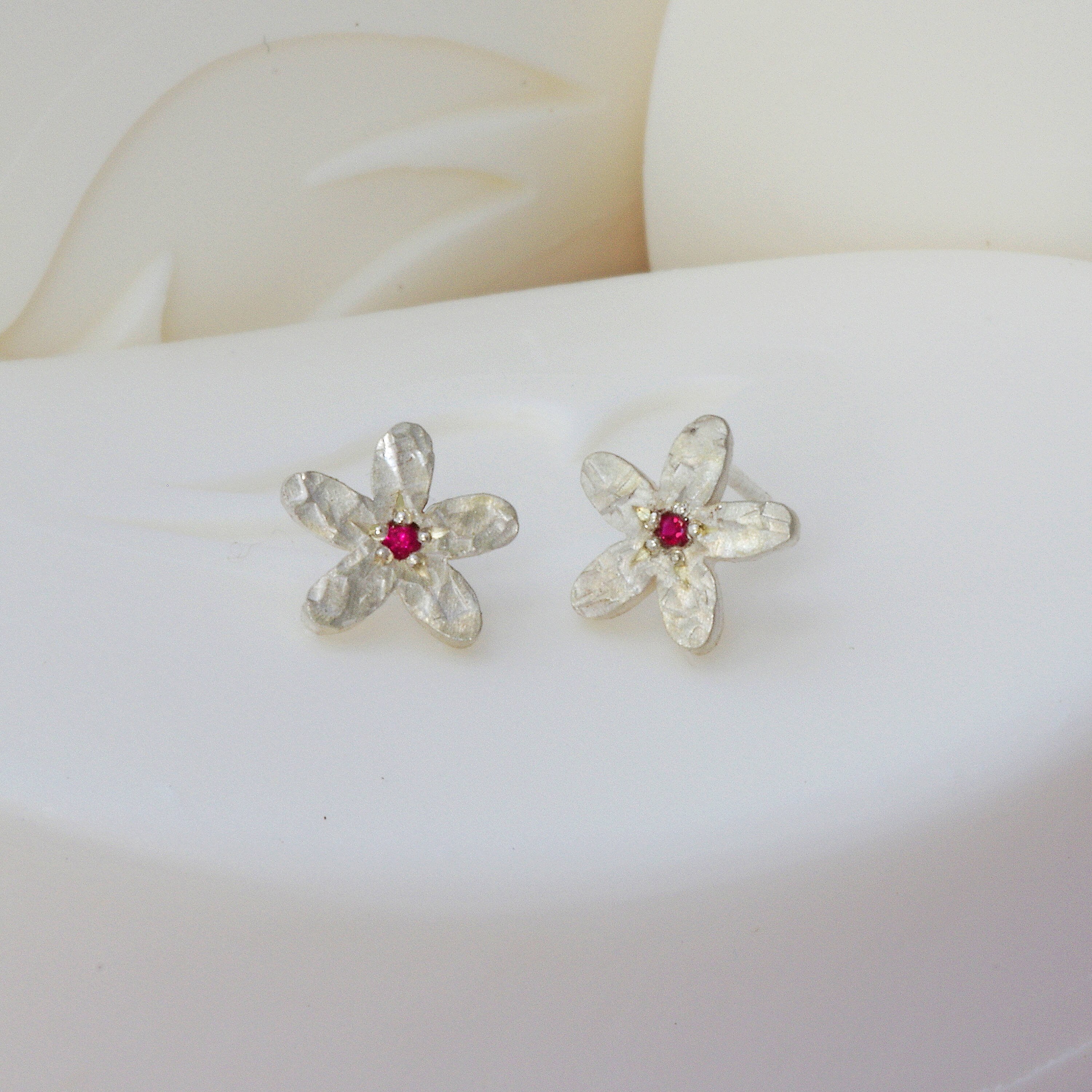 Sterling Silver Ruby Flower Earrings - Etsy UK