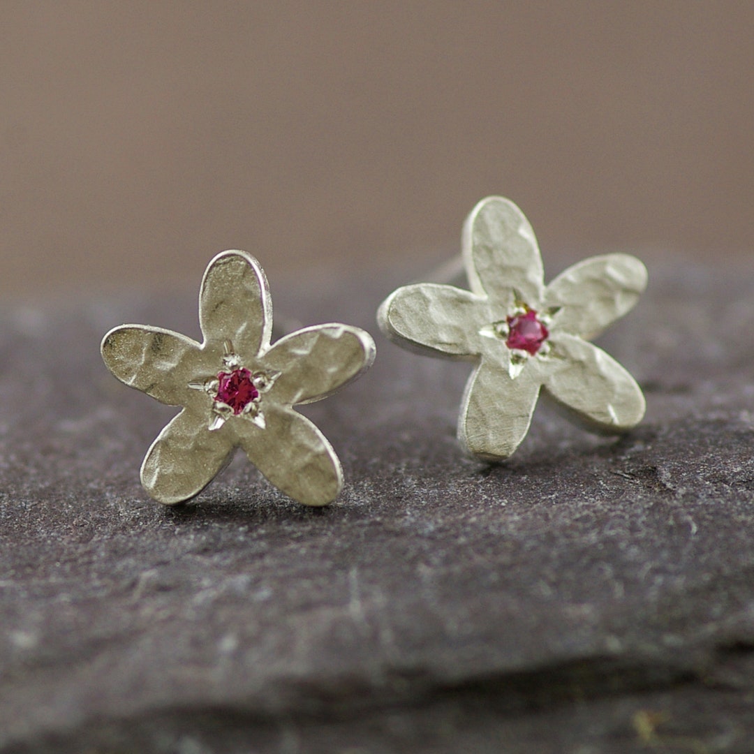 Sterling Silver Ruby Flower Earrings - Etsy UK