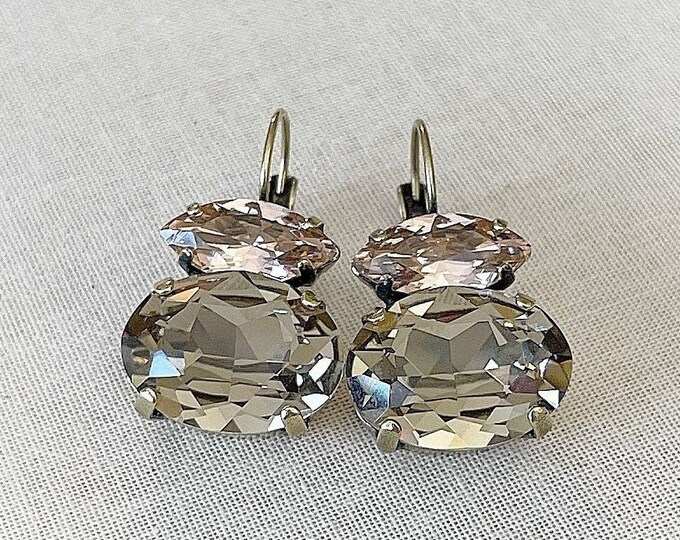 Greige and Morganite Pink LARGE Crystal Drop Earrings, Swarovski Crystal, Wedding Jewelry ...