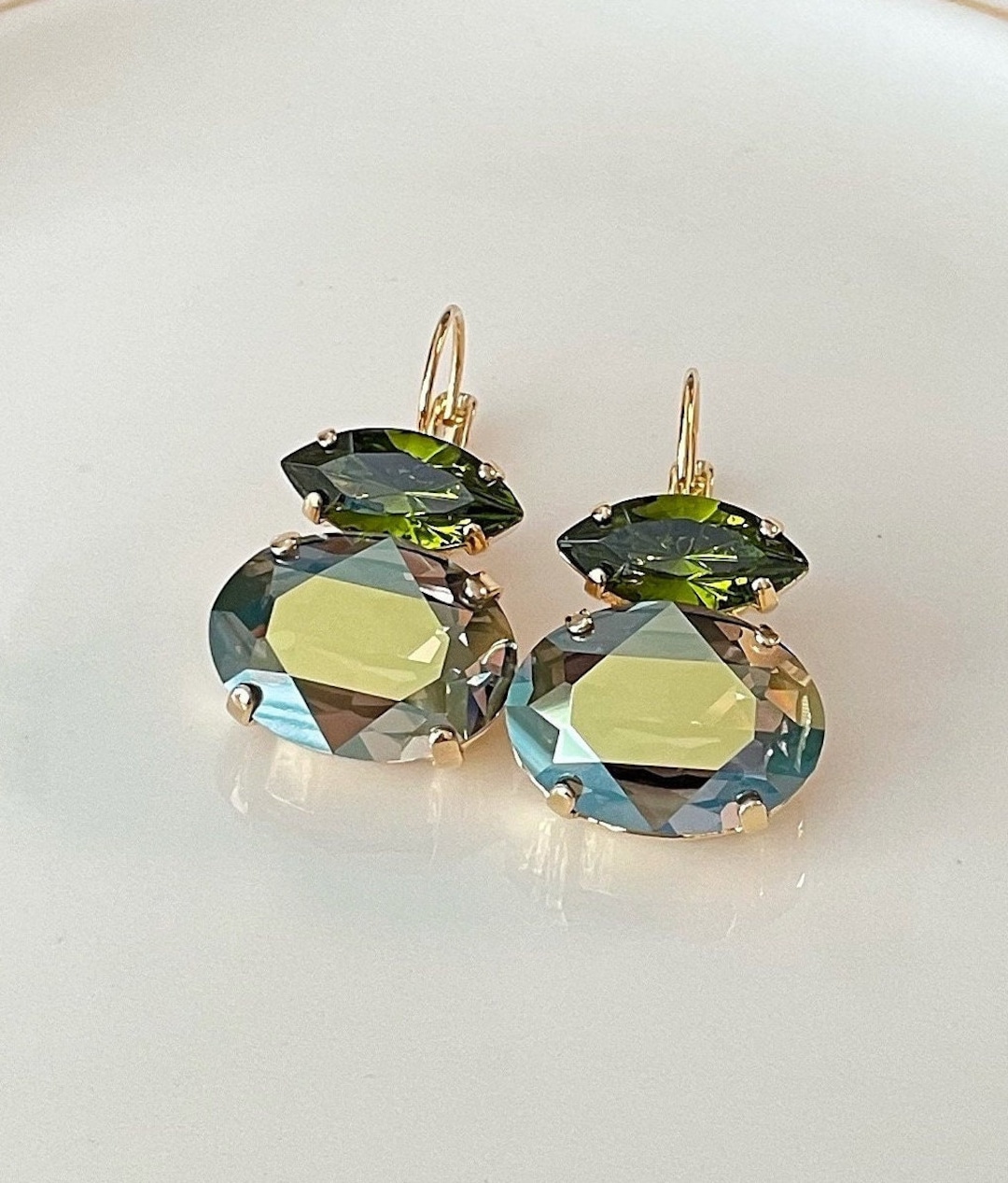 Statement Size Olive Green Crystal Drop Earrings, Large, Swarovski ...