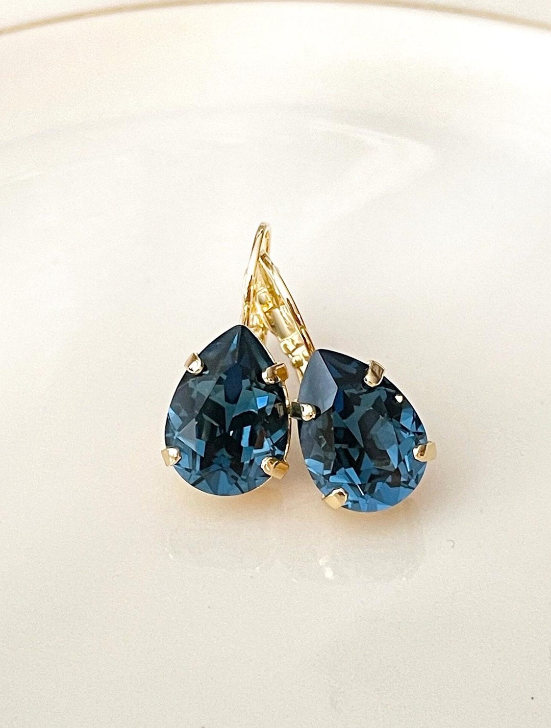 Swarovski Navy Blue Crystal Teardrop Earrings, Rhinestone Drop Earrings ...