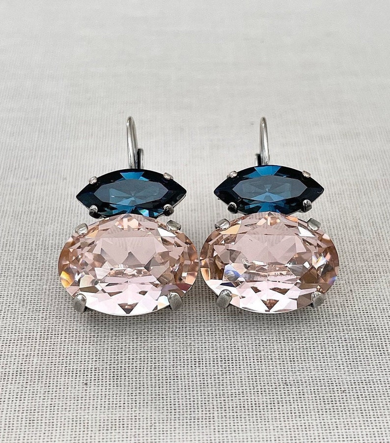 Navy Blue Morganite Pink Statement Earrings Oval and Marquise - Etsy