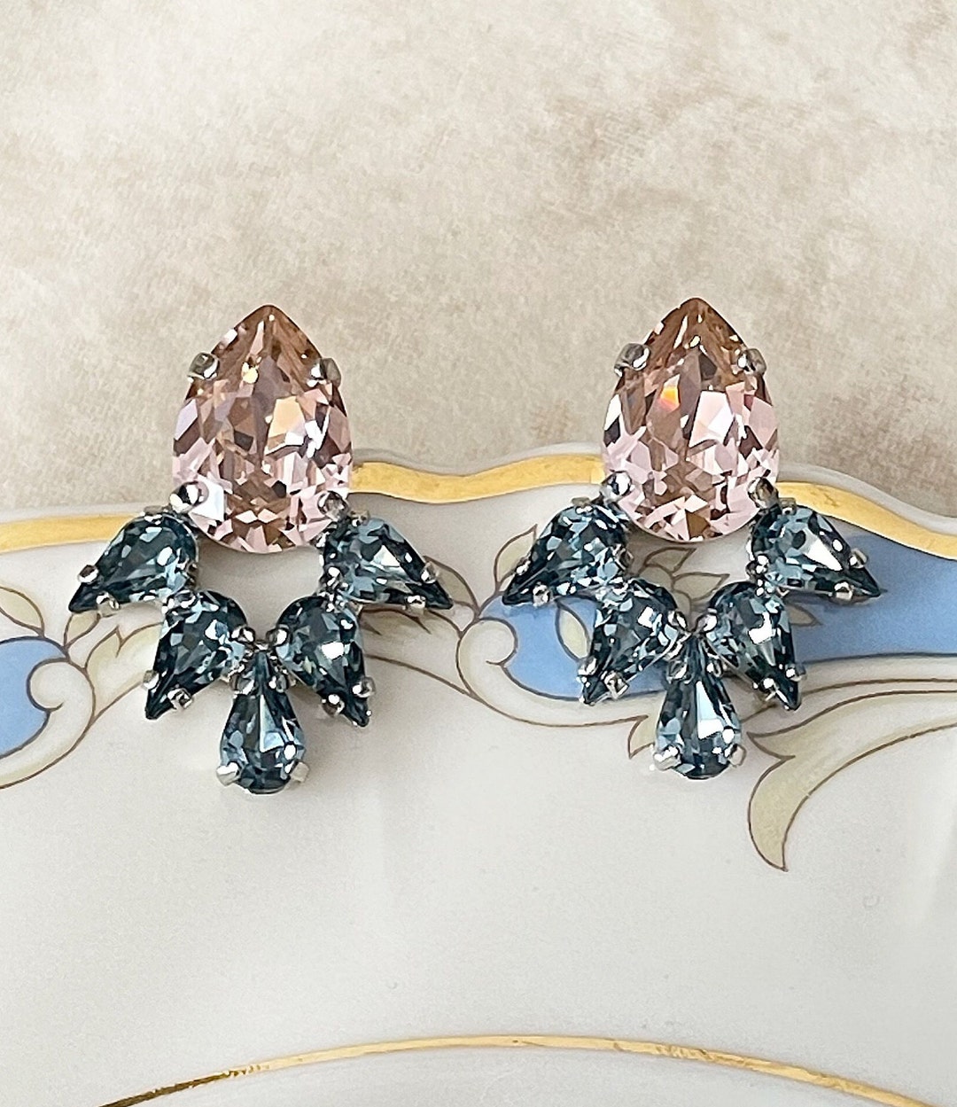 Morganite Pink Slate Blue Earrings, Crystal Post-back Earrings, Bridal ...