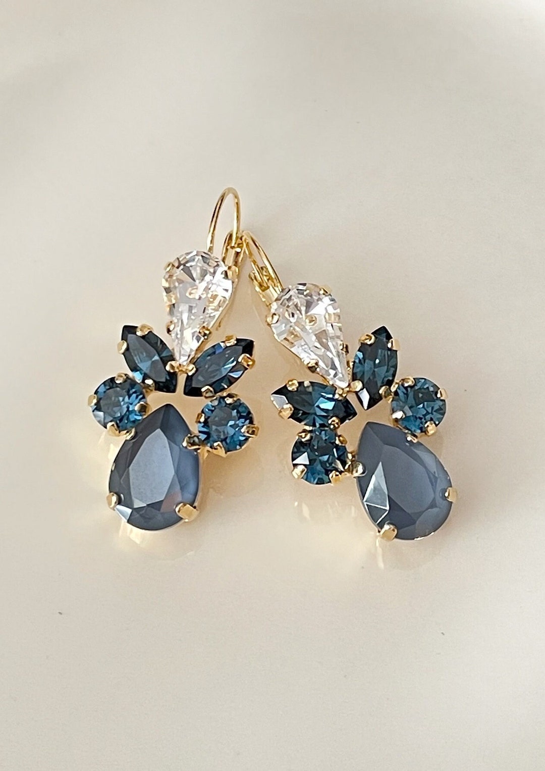 Navy Blue Slate Blue, Sparkling Clear Crystal Earrings, Bridal ...